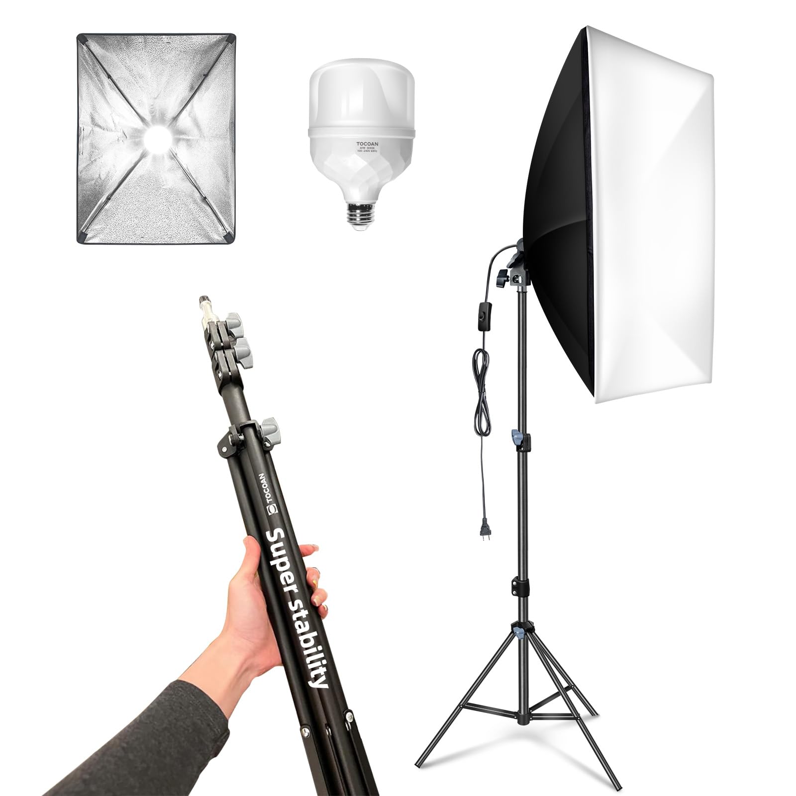 Tocoan Softbox Photography Lighting Kit, 27'' x 20'' Professional Softbox Lighting Kit with 40W 8000K LED Bulb, Studio Lights for Photography, Video Recording, Portraits Shooting (Single Color)