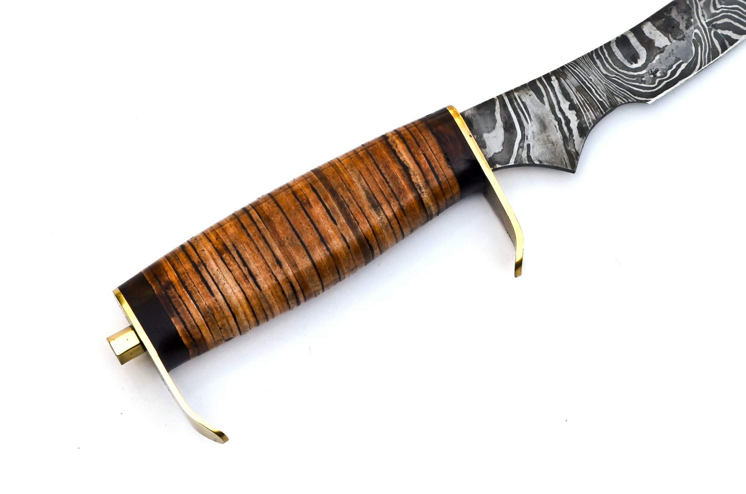Skokie Knives Custom Hand Made Damascus Steel Hunting Knife Handle Stacked Leather With Double Brass Double Clip