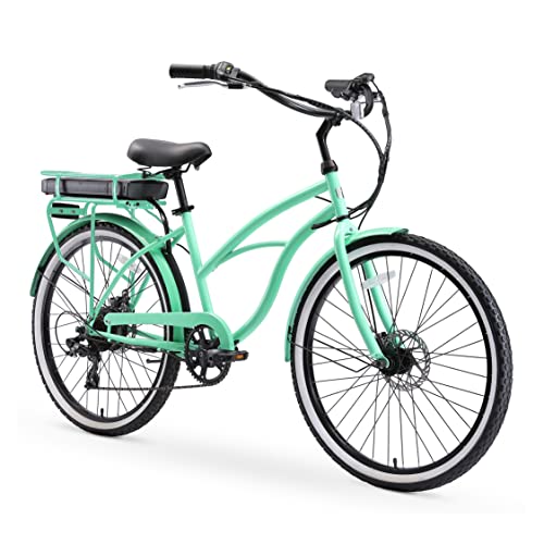 sixthreezero Around The Block Women's Electric Bike, 7 Speed Beach Cruiser eBike Bicycle with Rear Rack, 250 Watt Motor, 26 Inch Wheels, Mint Green