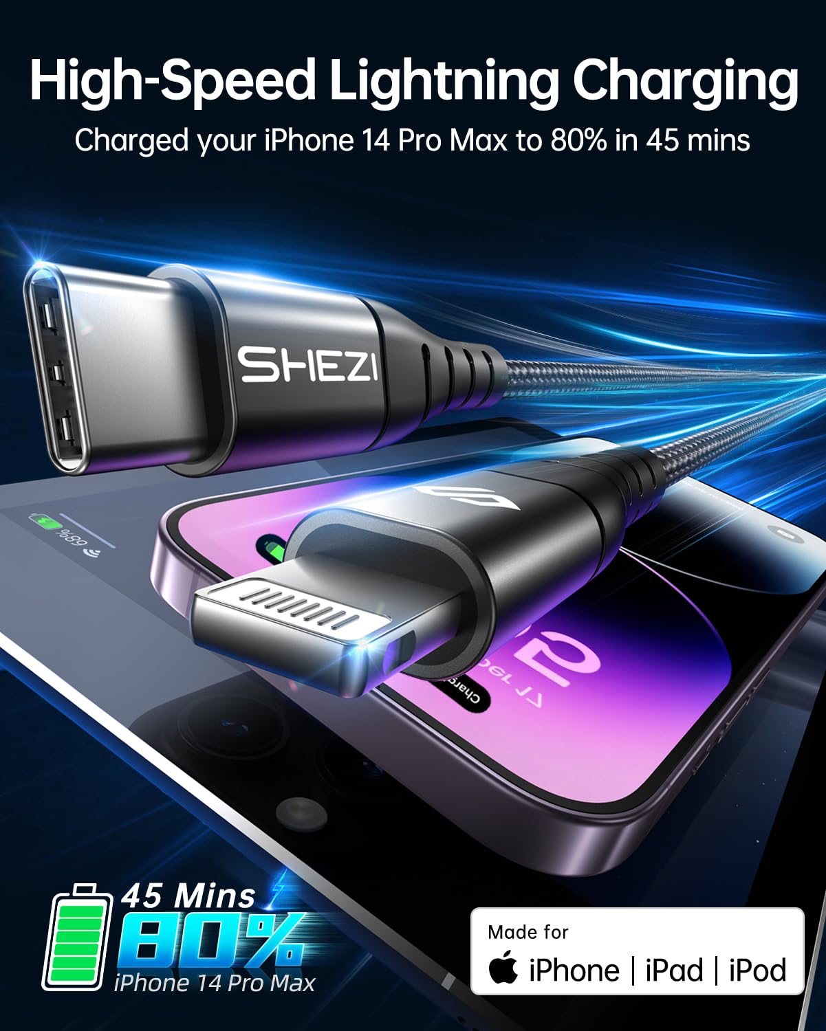 SHEZI USB C to Lightning Cable [MFI Certified] [Fast Charging & Data Transfer] iPhone Charger Cord [CarPlay Support] Nylon Apple Charger for iPhone 14/13/12/11 Pro Max Plus XR XS SE/AirPods/iPad, 4ft