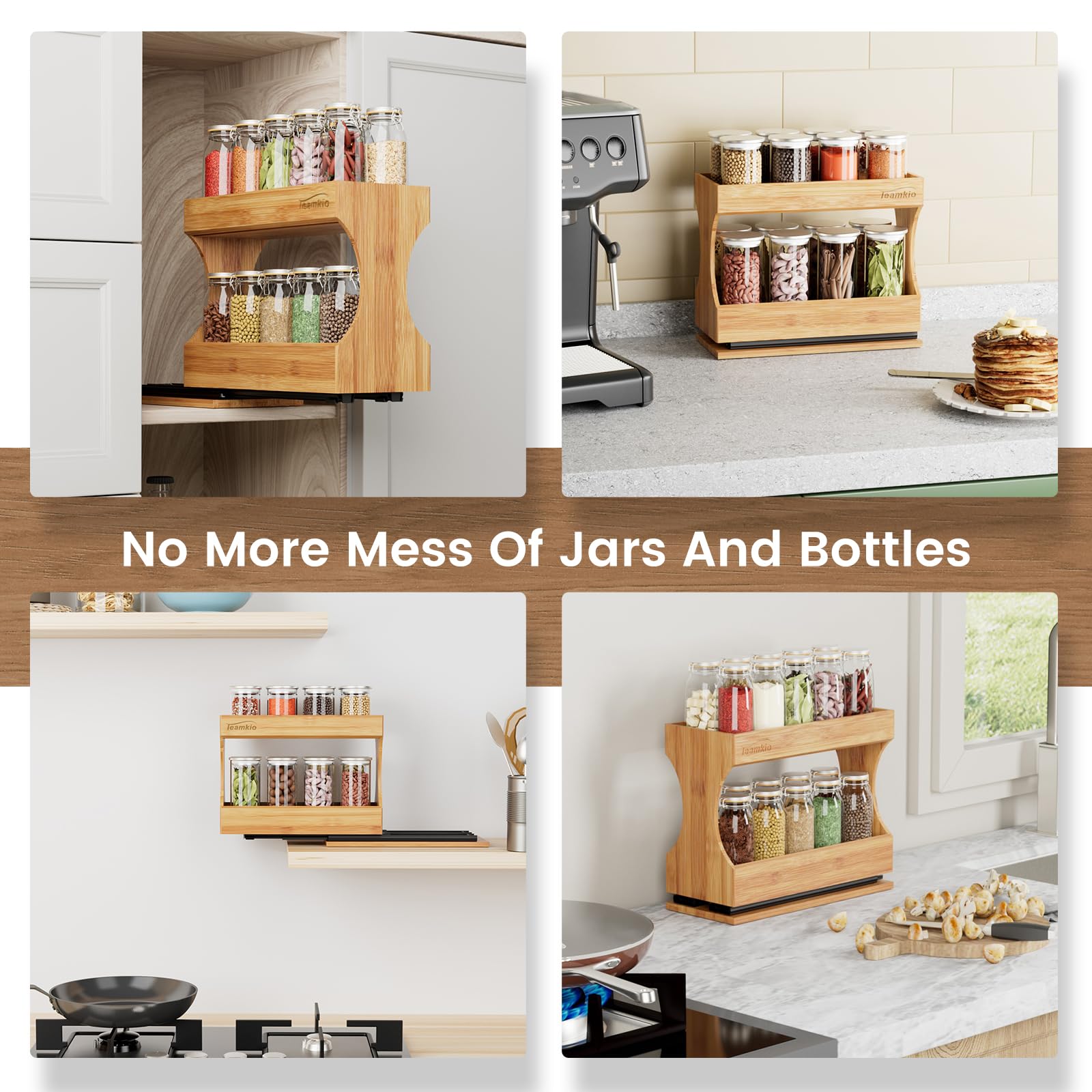 Teamkio Bamboo Spice Rack Organizer for Cabinet, 2-Tier Pull Out Spice Rack, Tool-Free Install Slide Out Vertical Seasoning Spice Organizer for Kitchen Cabinet(Bottles not included