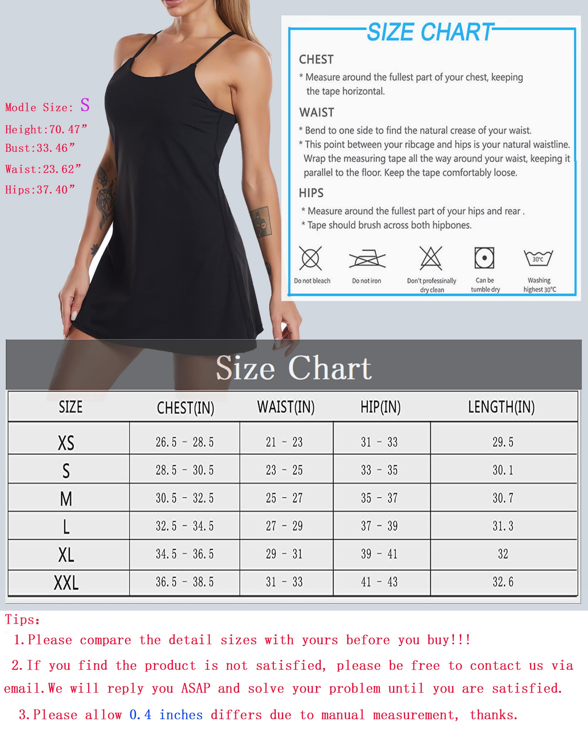 Women's Sleeveless Exercise Tennis Dress with Built-in Bra & Shorts Golf Workout Athletic Dresses Pockets Black