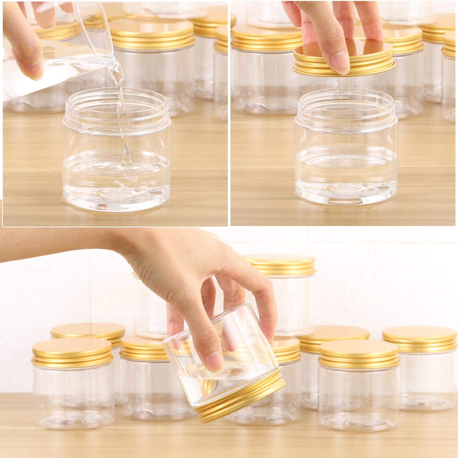 Tecbeauty 12-Pack 280ml Clear Plastic Slime Jars with Lids, Refillable Empty Round Containers for Cosmetics, Lotions, Gold