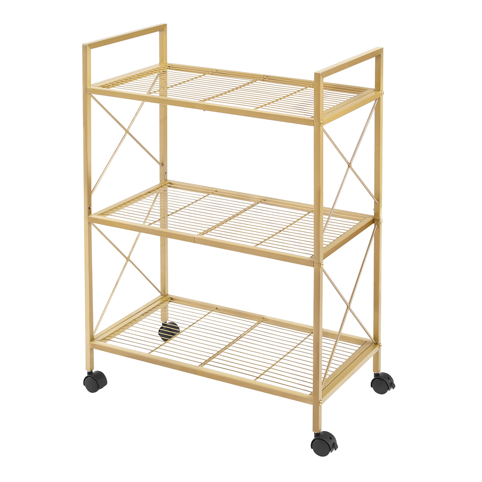 SONGMICS 3-Tier Metal Storage Rack with Wheels, Mesh Shelving Unit with X Side Frames, 31.5-Inch Width, for Entryway, Kitchen, Living Room, Bathroom, Industrial Style, Metallic Gold UBSC183A01