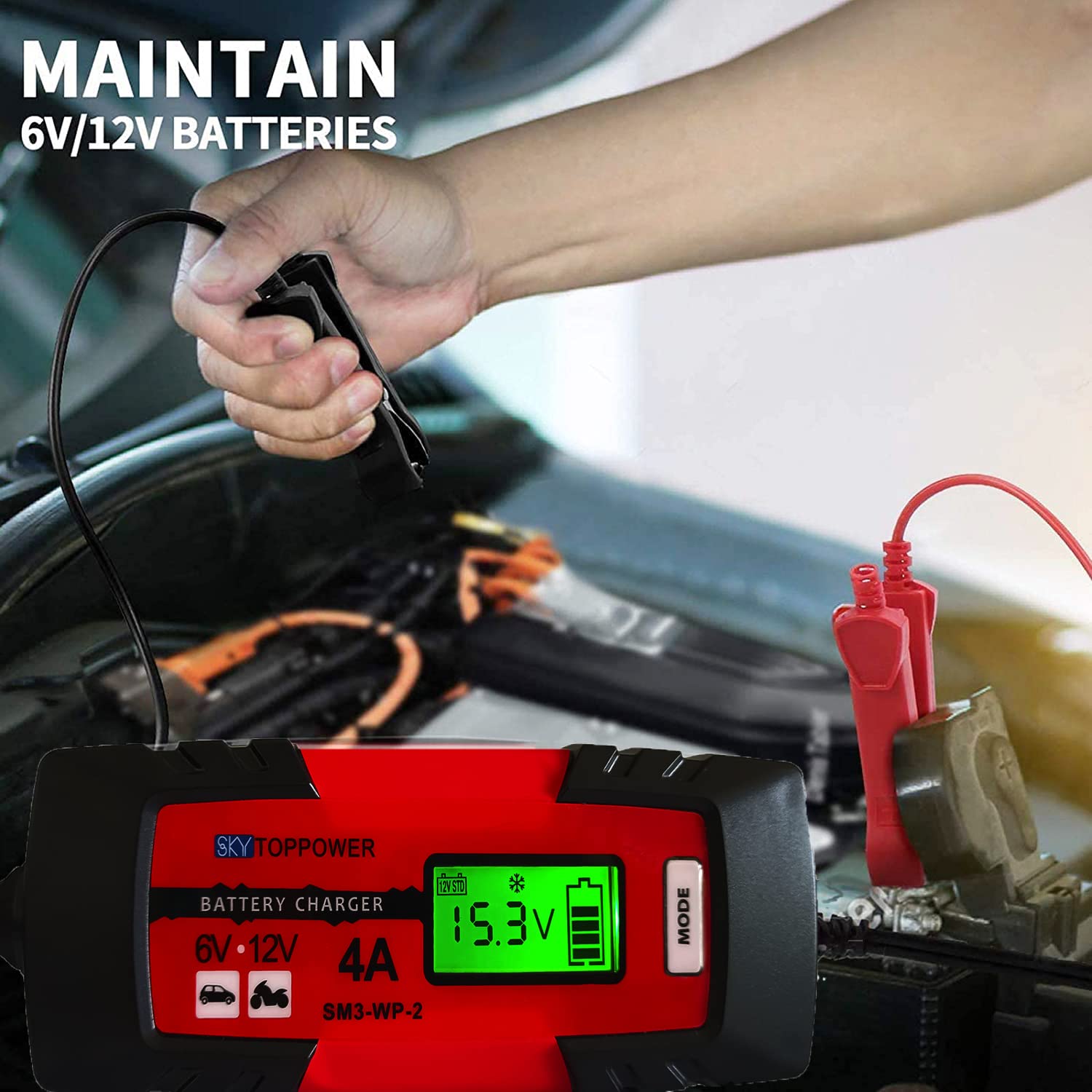 SKY TOPPOWER Battery Charger 6V/12V 4A Smart Battery Maintainer, with LCD Display,Fully Automatic Trickle Charger for Automotive Car Motorcycle, Lawn Mower,Motorcycle, Boats.