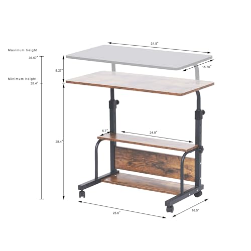 Portable Rolling Desk Adjustable Height Small Standing Desk on Wheels, 32 Inch Computer Desk Laptop Table for Home Office Study Student Desk with Storage Mobile Desk for Couch Bedroom Rustic