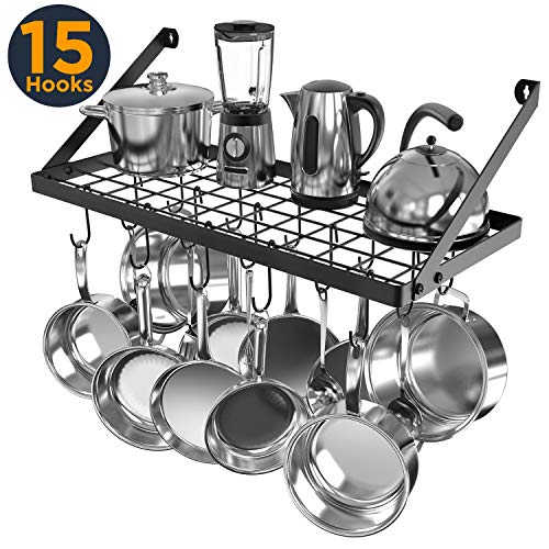 Vdomus Hanging Pot Rack, Wall Mounted Pots and Pans Holder 29.3 by 13 Inch | Kitchen Cookware Organizer for Pots and Pans Storage 15 Hooks, Ideal for Pans, Utensils, Cookware in Square Grid | Black