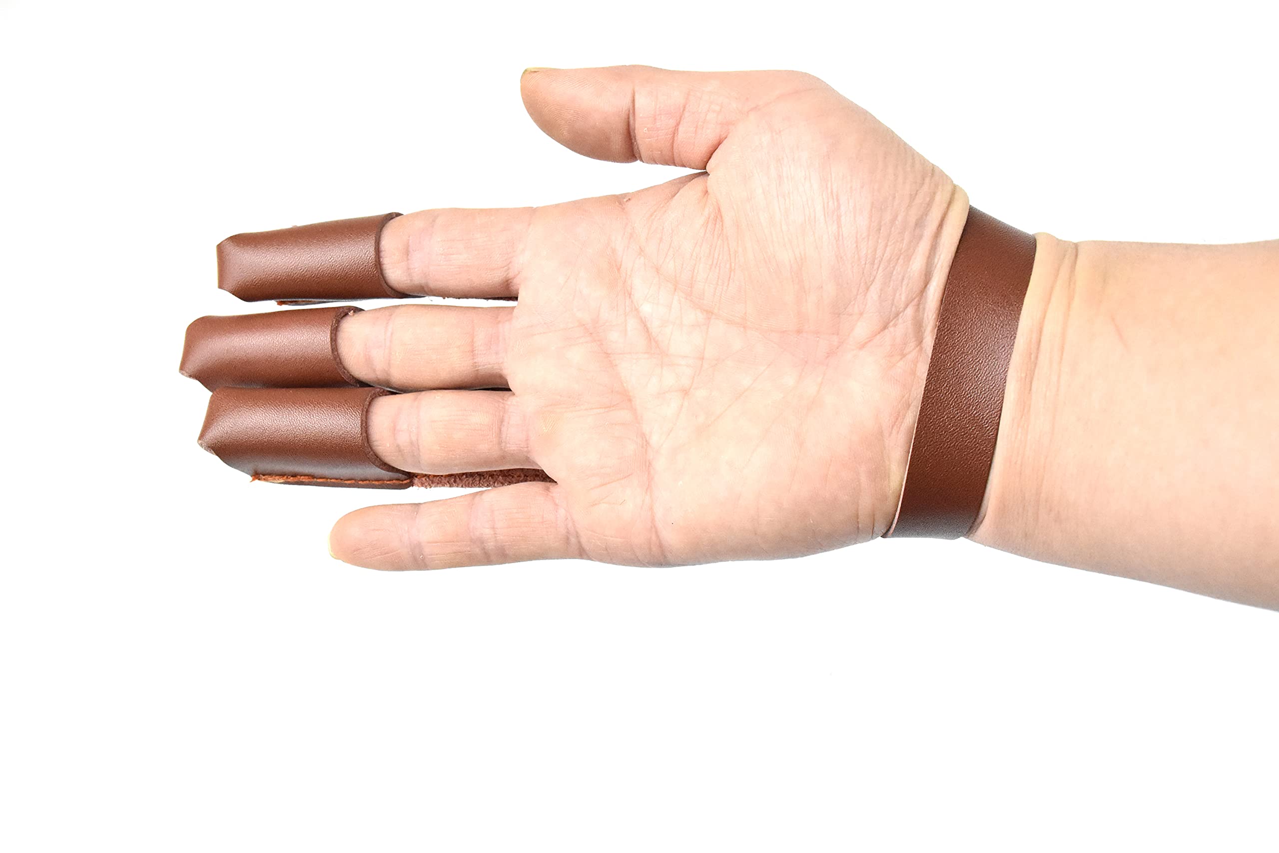 Windfulogo Leather Archery Hand Glove Finger Tab Hand Guard Protector Long Bow for Right Hand 3 Fingers Brown