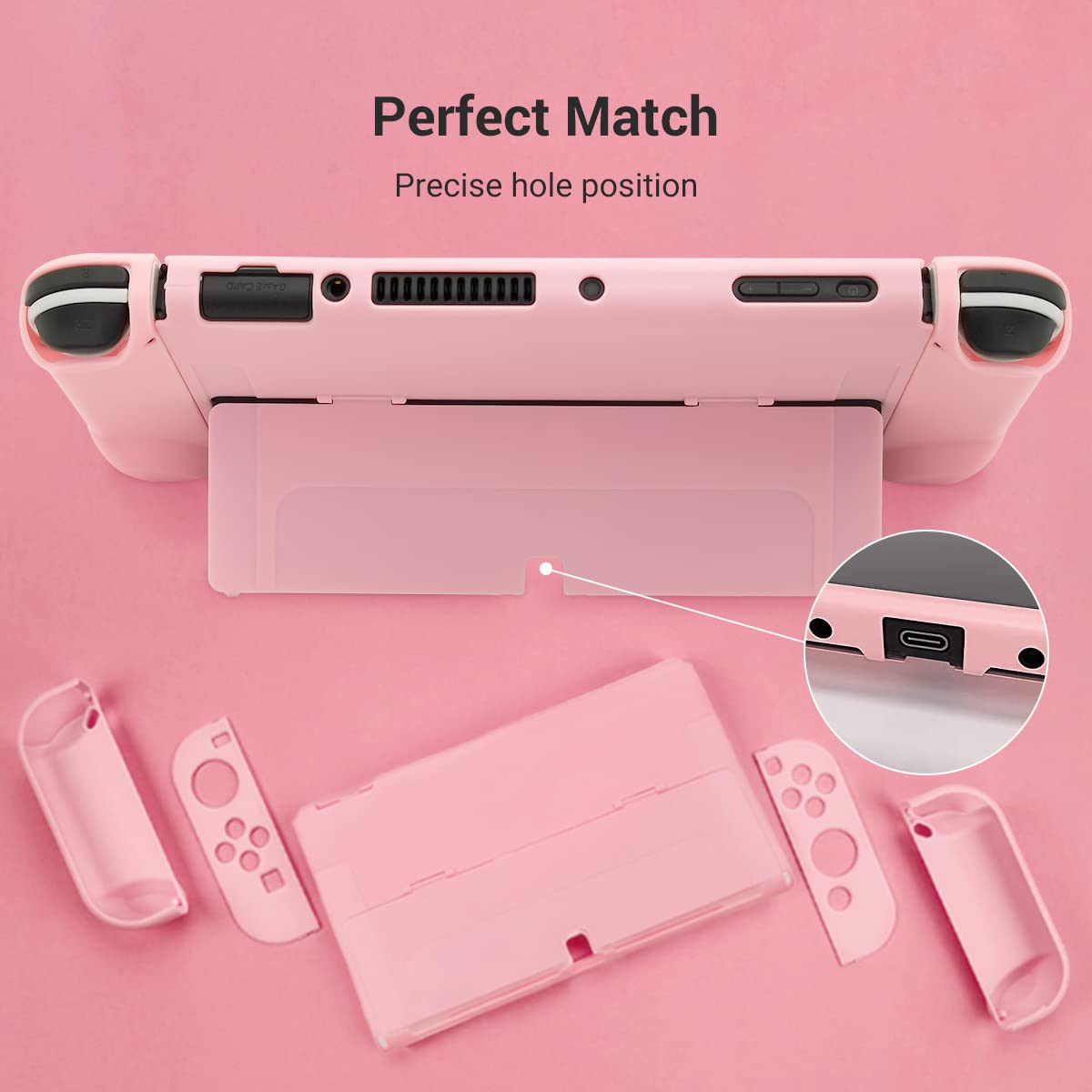 Switch OLED Case Protective Case for Nintendo Switch OLED Model 2021, Dockable Case Compatible with Switch OLED and Controller Grip Case with Screen Protector & 2 x Thumb Grip Caps, Pink