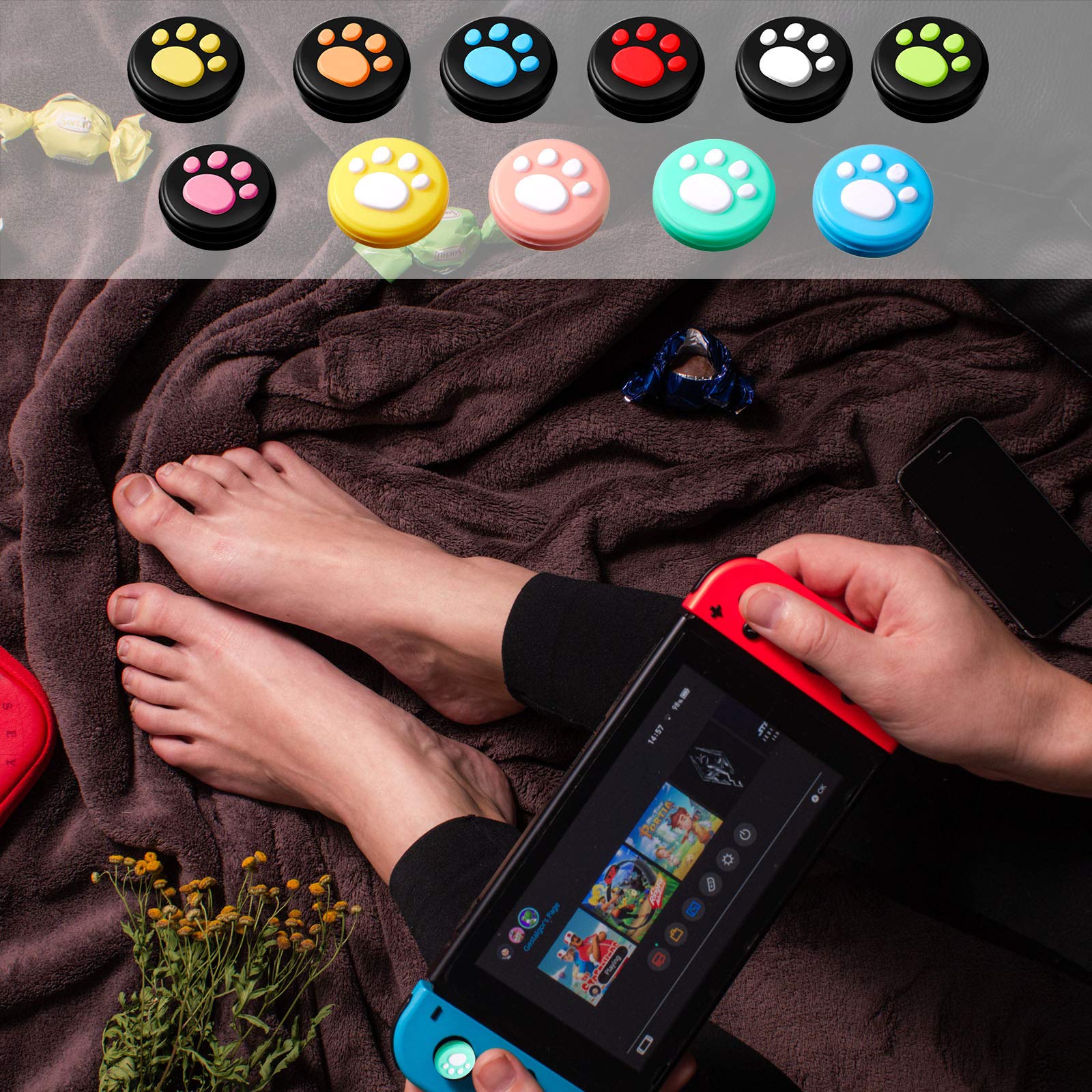 Skylety 34 Pieces Replacement Cute Cat Claw and Flower Design Thumb Grip Thumb Grips Analog Stick Cover Joystick Silicone Cover Compatible with Nintendo Switch, Switch Lite and Joy-Con Controller