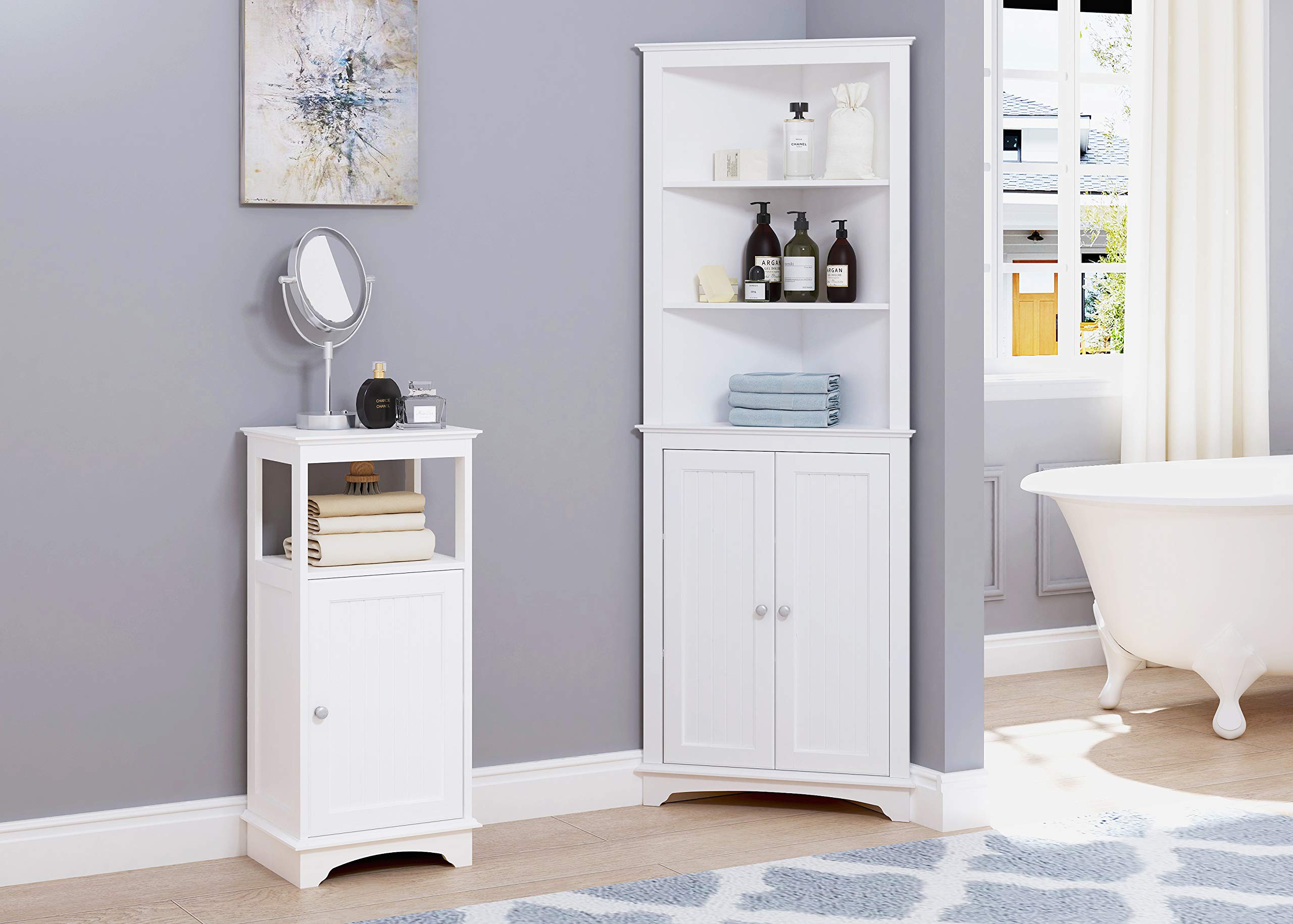 Spirich Home Floor Cabinet with Single Door and Shelves, Bathroom Floor Cabinet, White