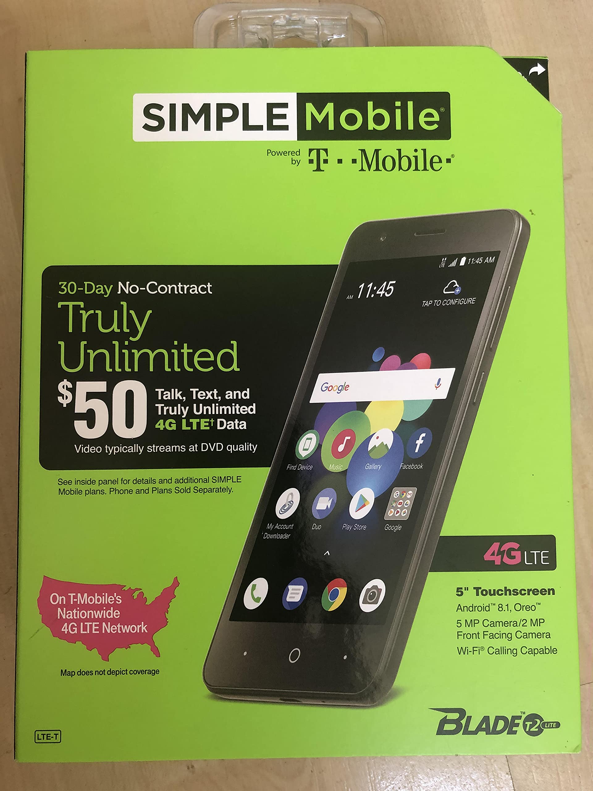 Simple Mobile ZTE Blade T2 Lite 4G LTE Prepaid Cell Phone (Locked) - Black - 16GB - Sim Card Included - GSM