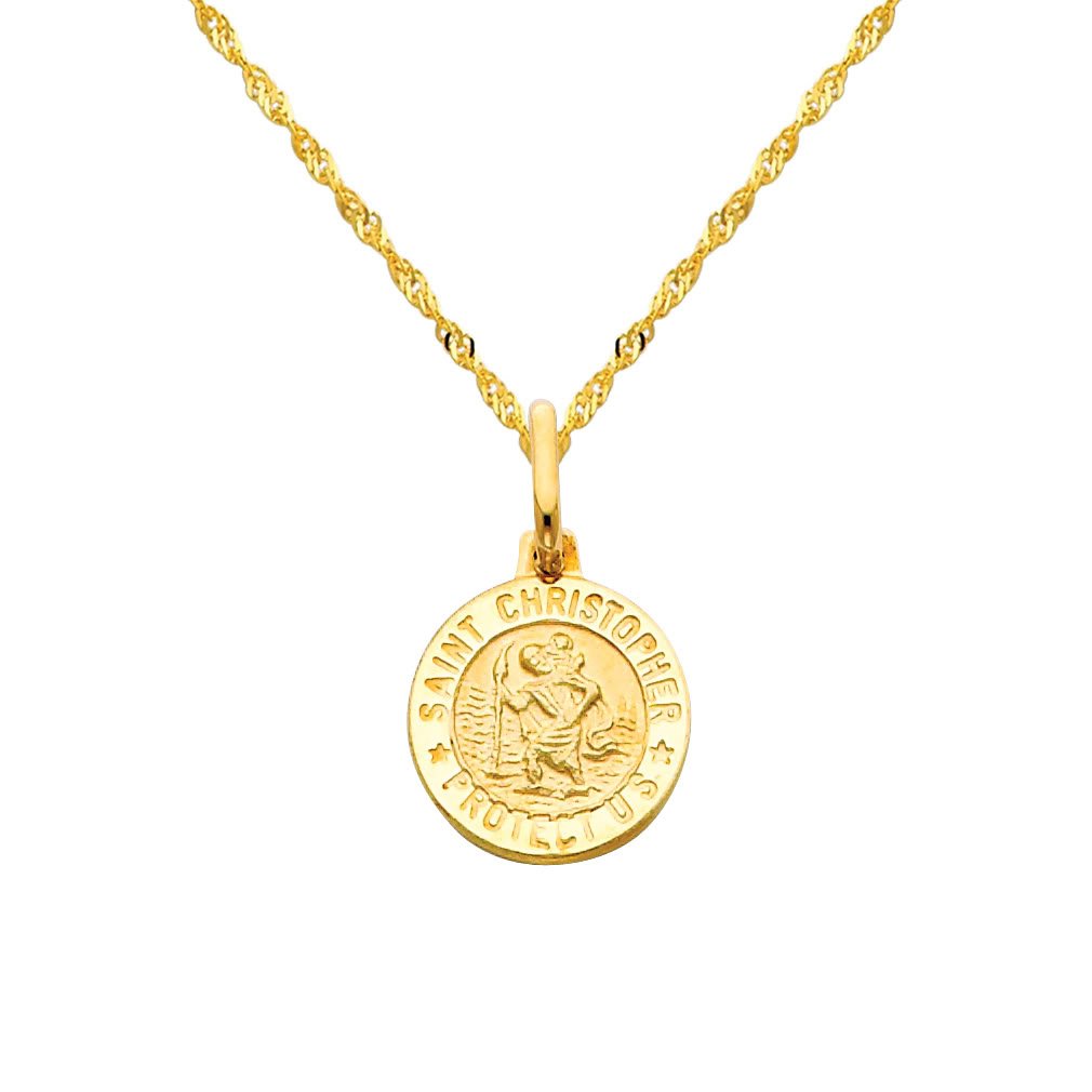 The World Jewelry Center 14k REAL Yellow Gold Religious Saint Christopher Medal Pendant with 1.2mm Singapore Chain Necklace - 24"