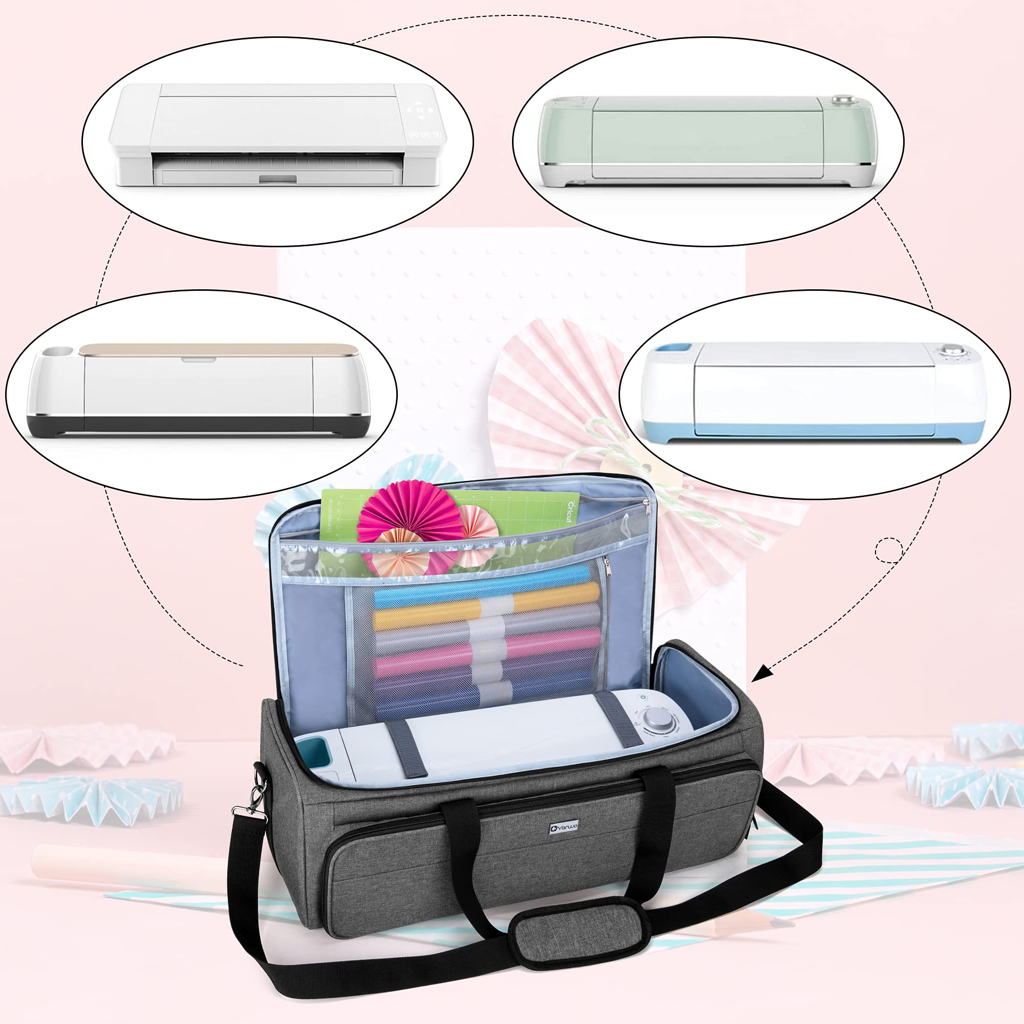 Yarwo Carrying Case Compatible for Cricut Maker, Explore Air 2, Silhouette Cameo 4 and Cameo 3, Large Opening Die Cut Machine Bag for Cutting Mat (12" x 12") and Supplies, Gray