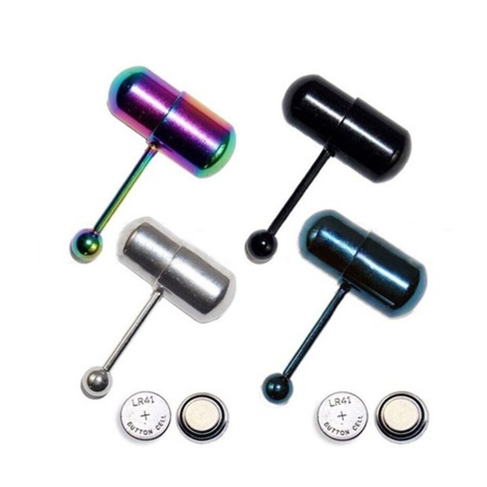 Stainless Steel Vibrating Tongue Ring Barbell Tongue Piercing Jewelry with 2 Batteries (Black)