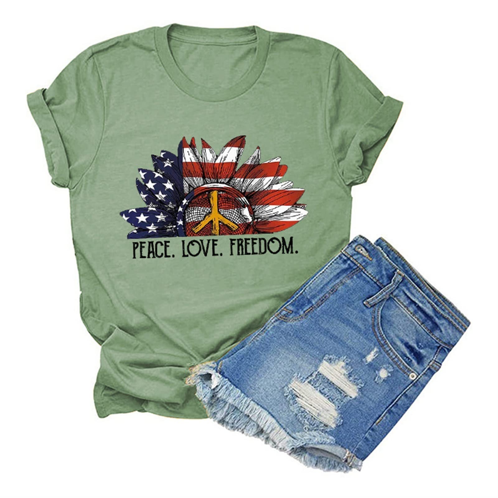Women's T-Shirt Short Sleeve Casual Tops with Peace Love Freedom Lettering Print Plus Size Tees Olive Green