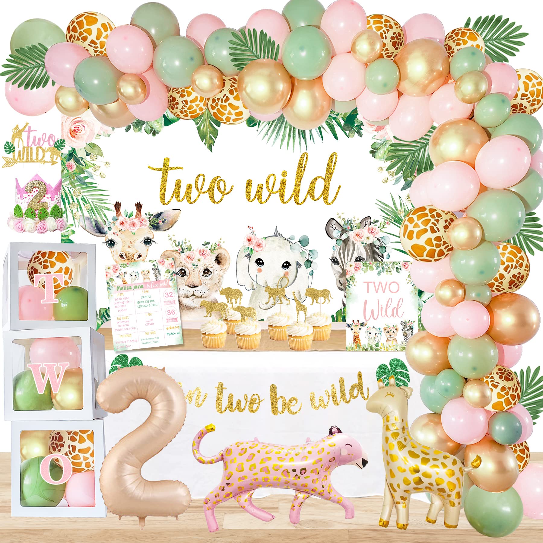YSHMFEUX Two Wild Birthday Decorations Girl, Jungle Theme 2nd Birthday Party Supplies for Girls, Jungle Safari Animal 2nd Birthday Decorations for Girl, Second Birthday Decorations Girl