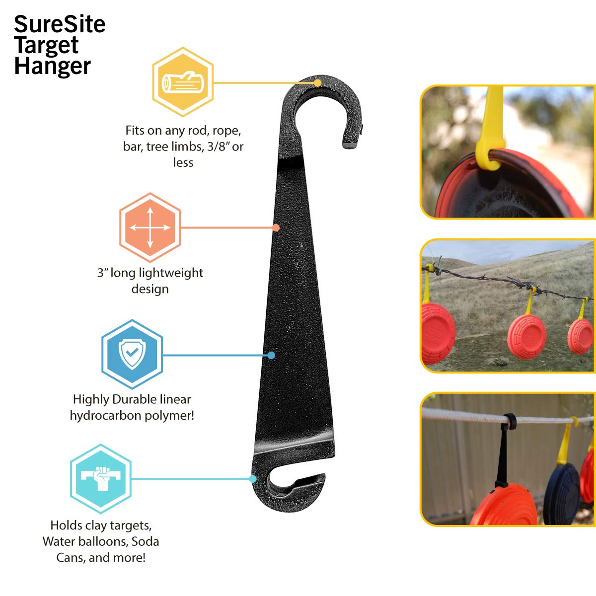 SURE SITE Clay Pigeon Target Hangers 10-Pack. Small, Lightweight, Reusable with Hooks on Each End. Attach to Fence, Line. Orange for Excellent Visibility. Holds Clay Targets, Water Balloons, Cans