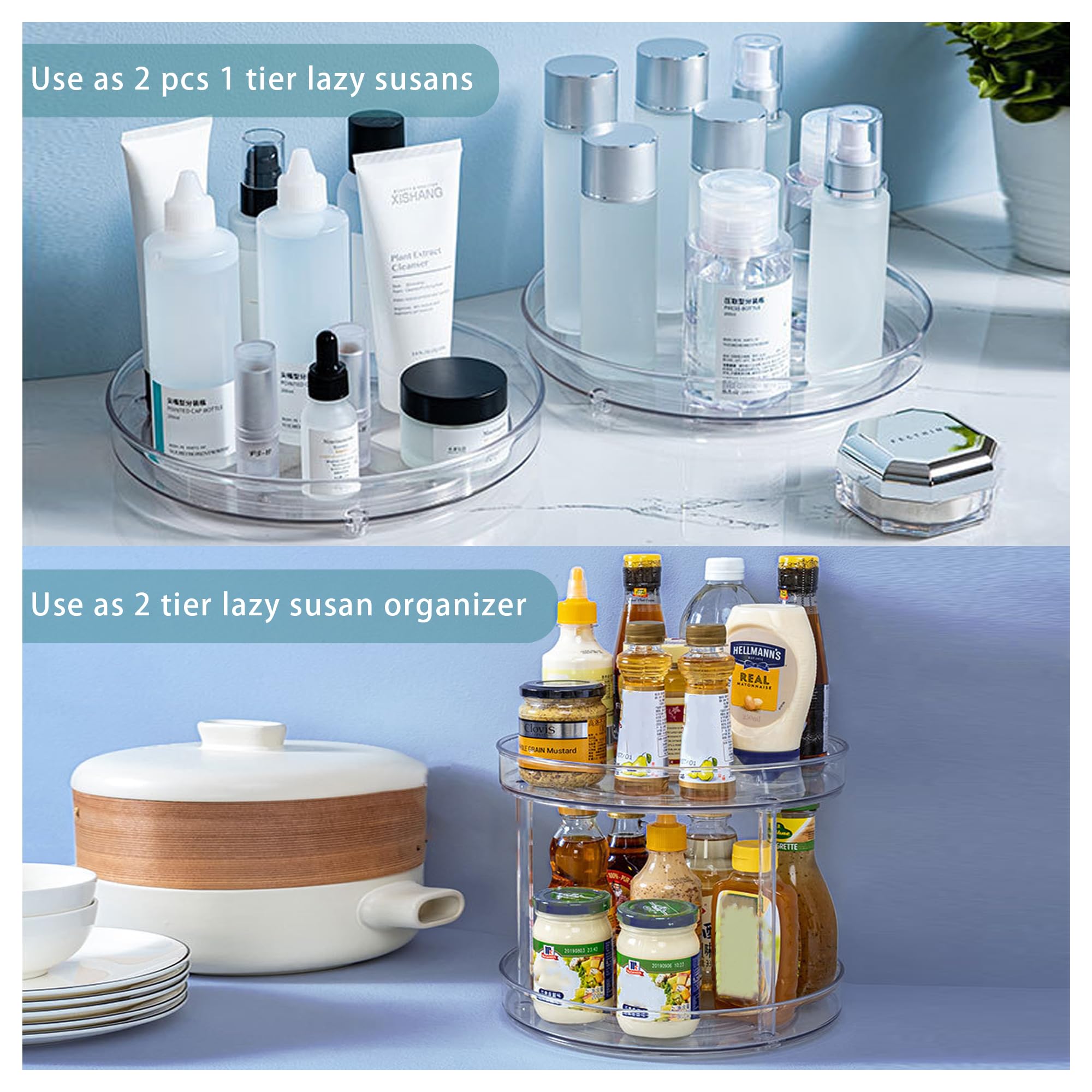 YTXXDEUS 2 Tier Lazy Susan Bathroom Organizer,10.6 Inch Clear Spice Rack Turntable for Kitchen Cabinet, Perfume Organizer for Vanity, 360 Rotating Tiered Tray for Cupboard, Pantry, Bathroom, Table