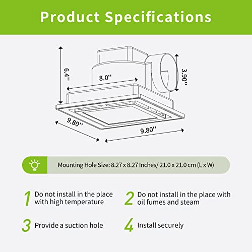 Tolery Bathroom Fan with Light Ceiling Mount Shower Ventilation Exhaust Fan with Color Change Light 3000K/4000K/6000KVent Fan and Light Combo for Home 1.0Sone 110 CFM 110V 4" Duct Square White