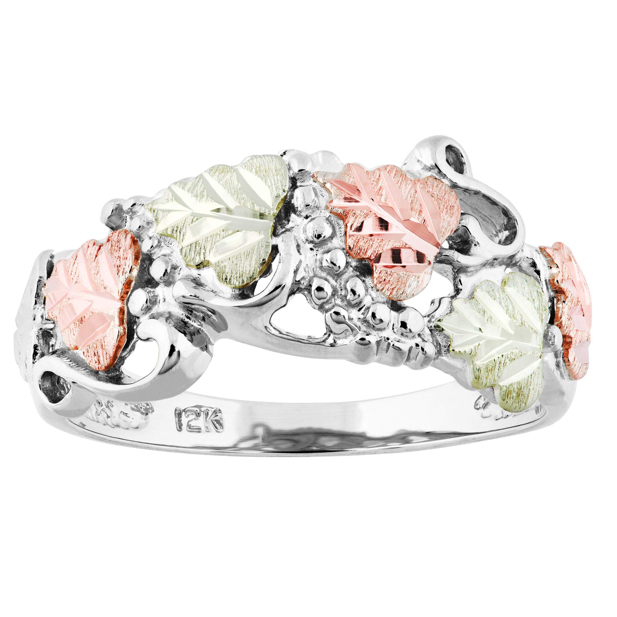 Tri-Color White Gold Grape Vine Design Band, Black Hills Gold, 12K Rose and Green Leaves