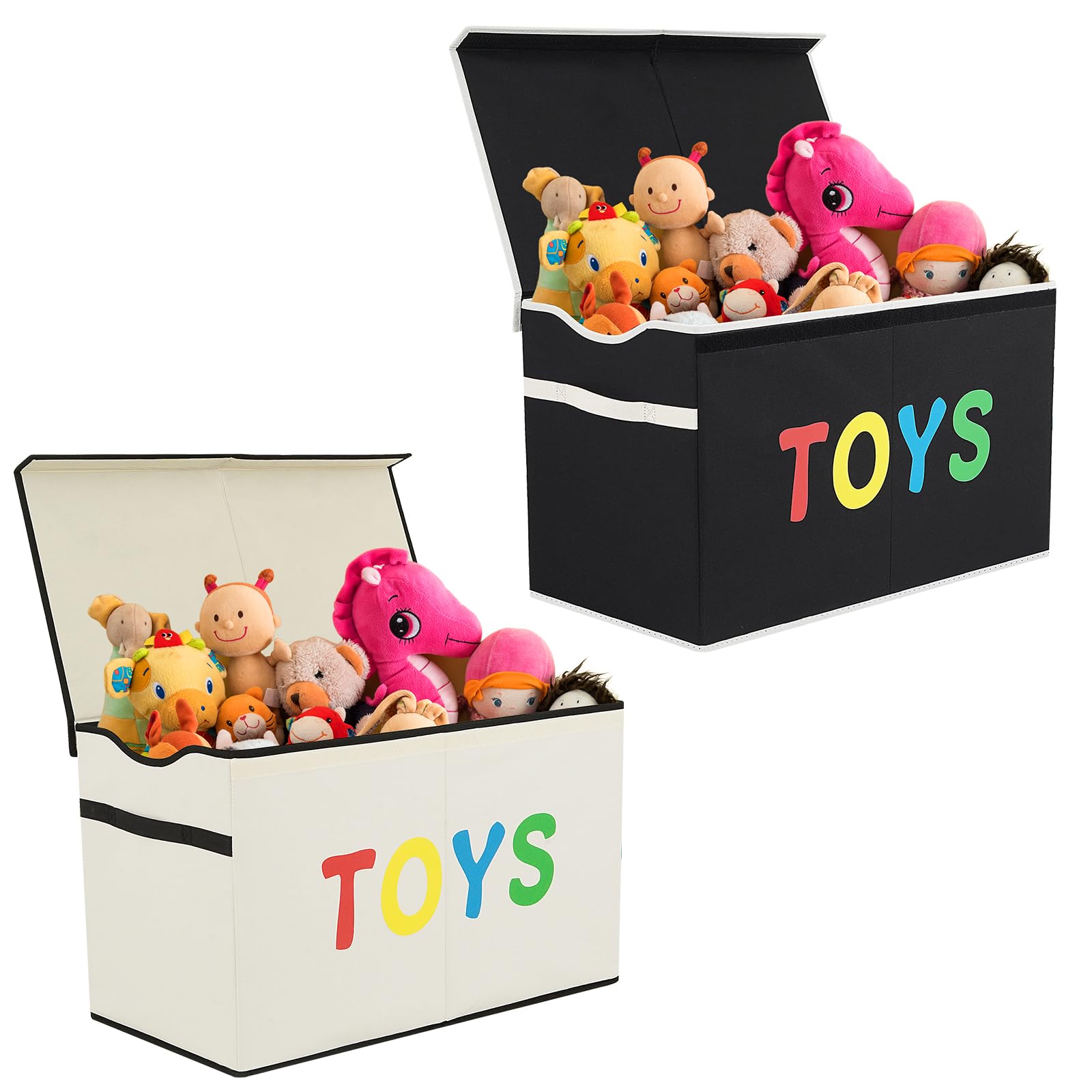 VICTOR'S Kids Toy Box Chest - 2 Pack Large Lightweight Collapsible Toy Storage Organizer Boxes Bins Baskets Black + Beige, 26.8in x 13.8in x 16in