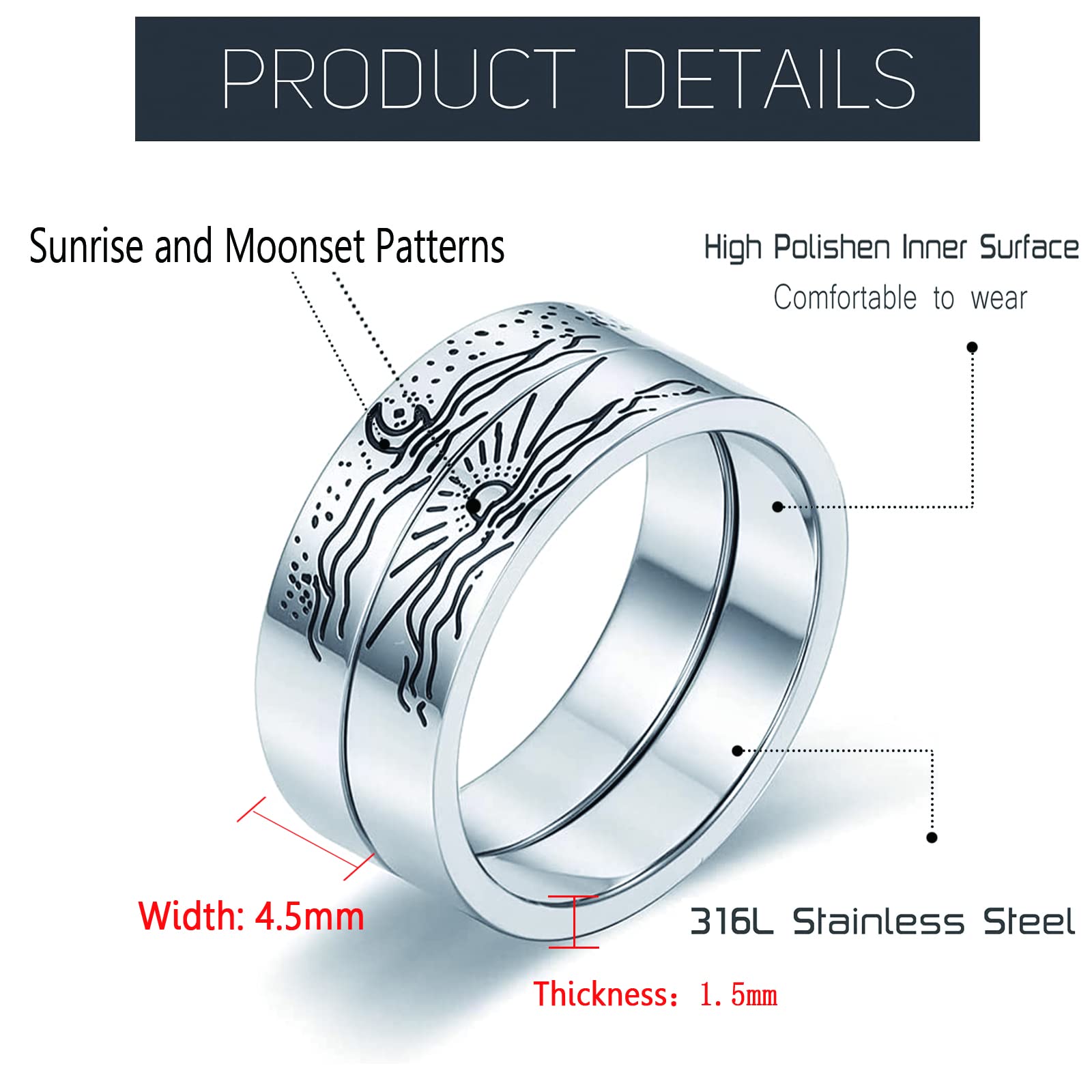 Sunflower Jewellery Moon and Sun Ring, Couple Ring,sun ring,sunrise ring,Crescent Moon ring,Friendship Ring, Star Ring, Lover Ring, Partner Ring, Gift (Stainless Steel, 8)