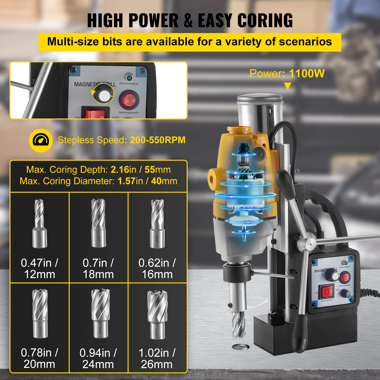 VEVOR Mag Drill, 200-550RPM Stepless Speed Electromagnetic Drill Press, 2.16" Depth 1.57" Dia Magnetic Core Drill, 2700LBS Boring Tool Drill Press, 1100W Drill Press, 11 PCS HSS Annular Cutter Kit