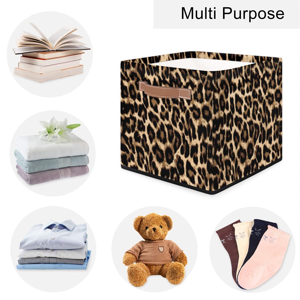YPPAHHHH Storage Basket Bin Leopard Print Collapsible Fabric Storage Cube Box Organizer with Handle, Closet Shelf Cloth Organizer Toy Basket for Nursery Bedroom,13x13x13 Inch