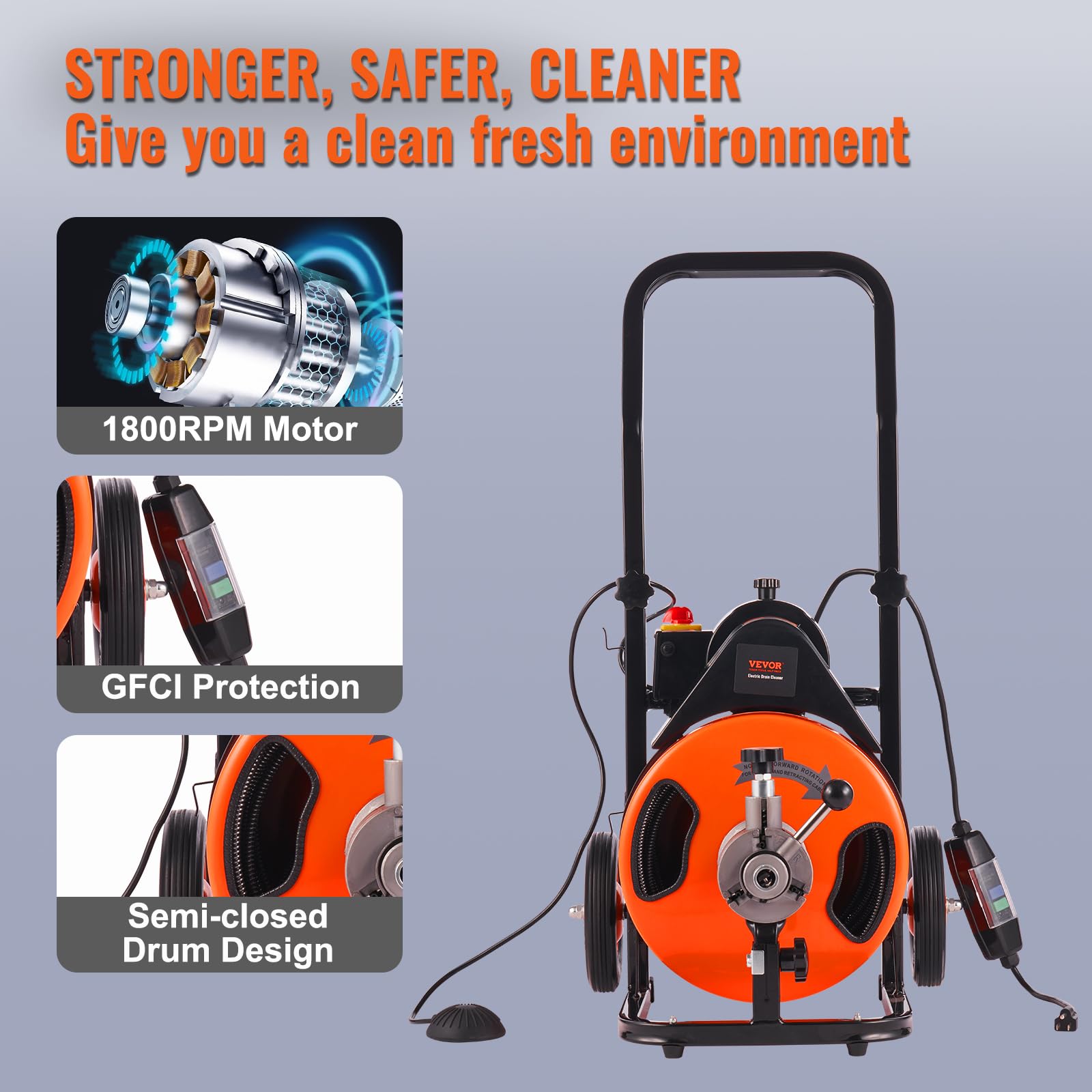 VEVOR Sewer Snake Machine 50FTx1/2Inch, Drain Cleaning Machine with 4 Wheels, Electri Drain Auger 4 Cutters & Foot Switch for 1''- 4''Pipes