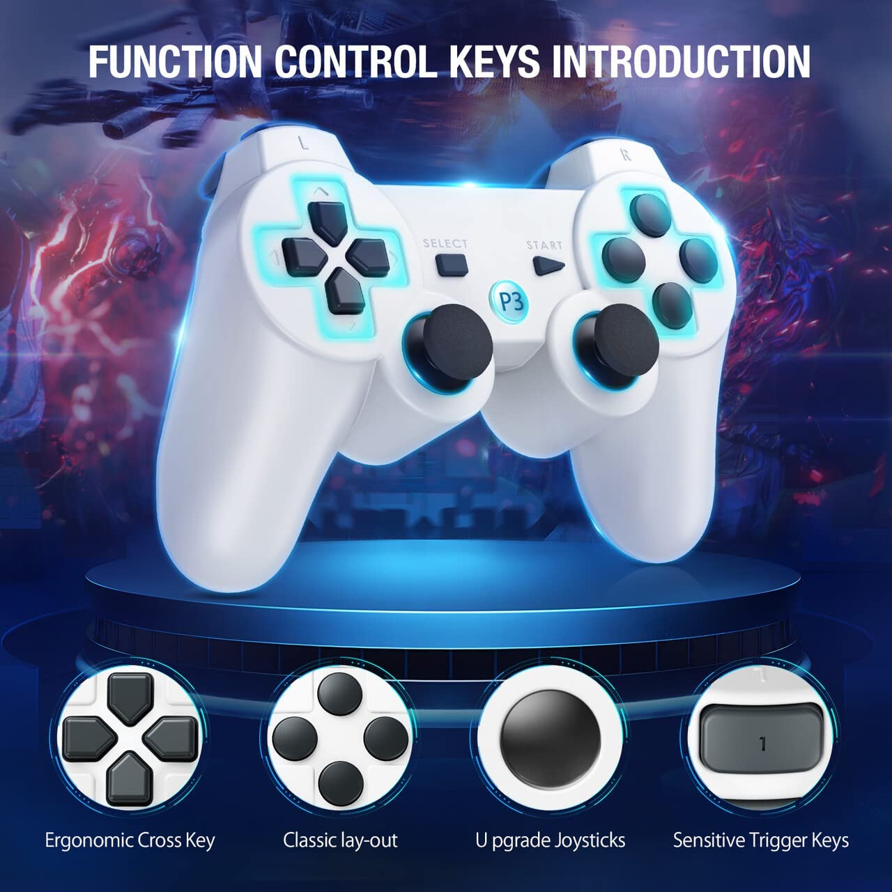 Powerextra Wireless Controller Compatible with PS-3, 3 Pack High Performance Gaming Controller with Upgraded Joystick for Play-Station 3