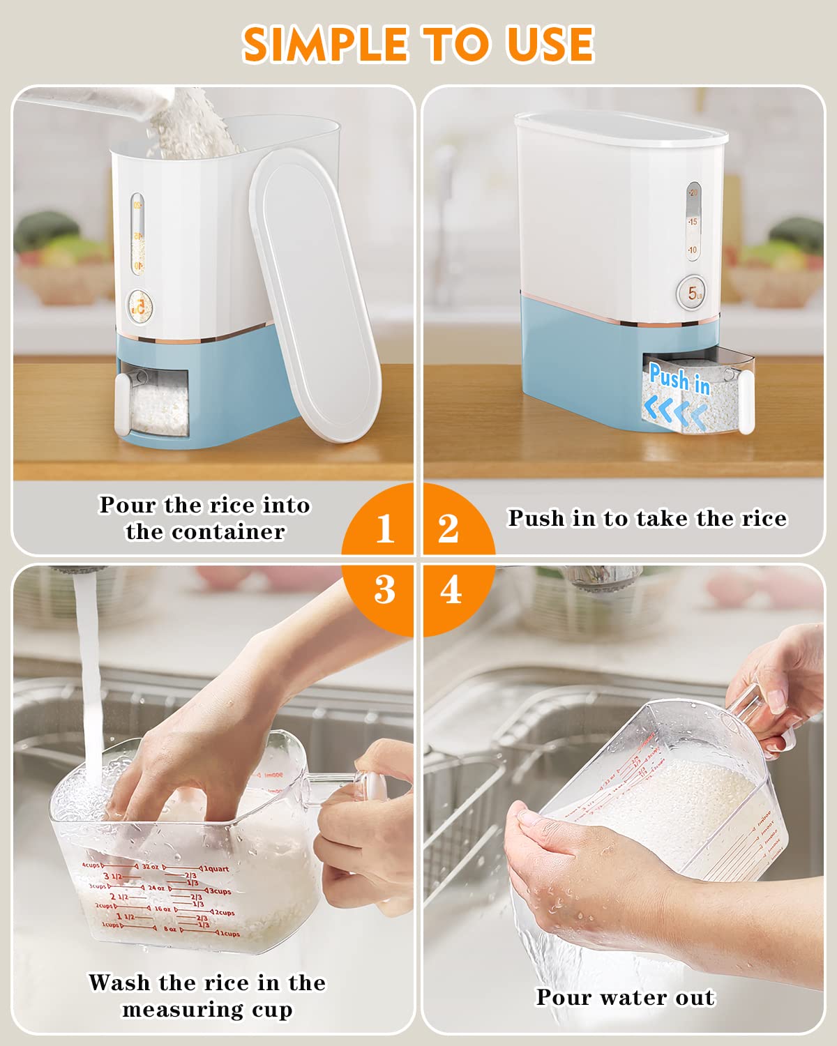 VenDotbi 26.5Lbs Rice Dispenser, Rice Container with Measuring Cup, Large Capacity Food Storage Container with Lid, Food Dispenser Kitchen Organization for Home Kitchen Pantry Rice Soybean Corn-Blue