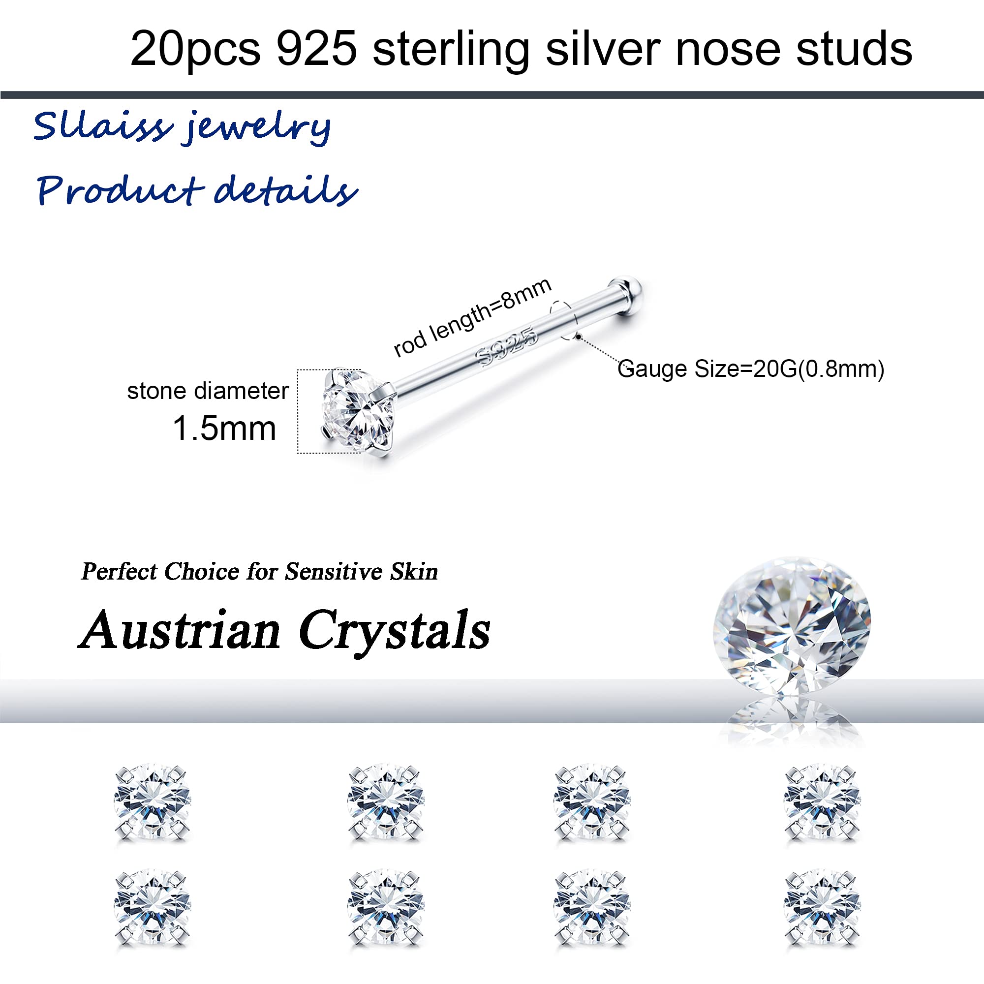 Sllaiss 20Pcs Sterling Silver Nose Studs for Women Men Inlaid 2mm Czech Crystals 925 Silver 20G Cartilage Piercing