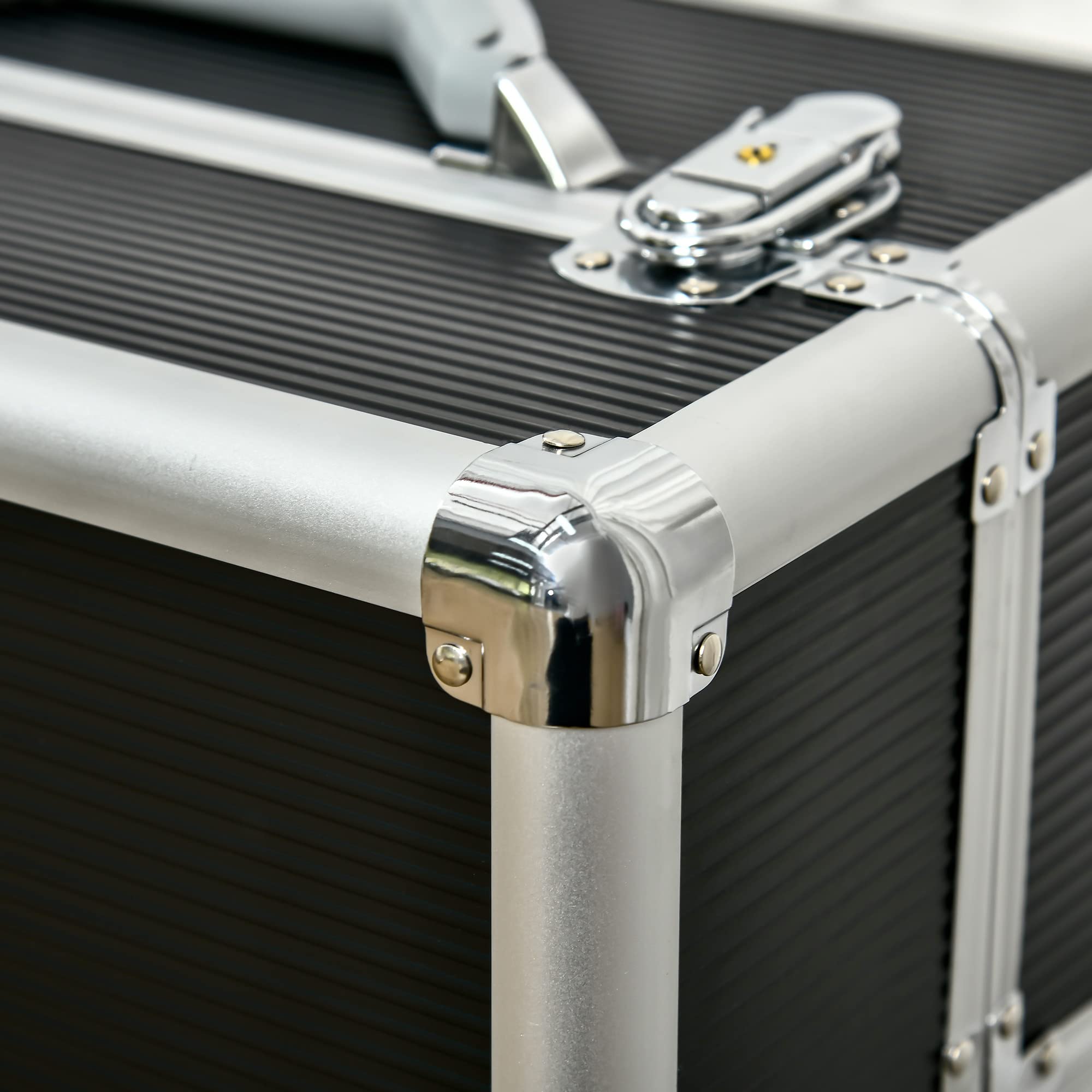 Professional Rolling Full Makeup Travel Train Case, Large Storage Cosmetic Trolley with Folding Trays, Drawer and Locks, Silver