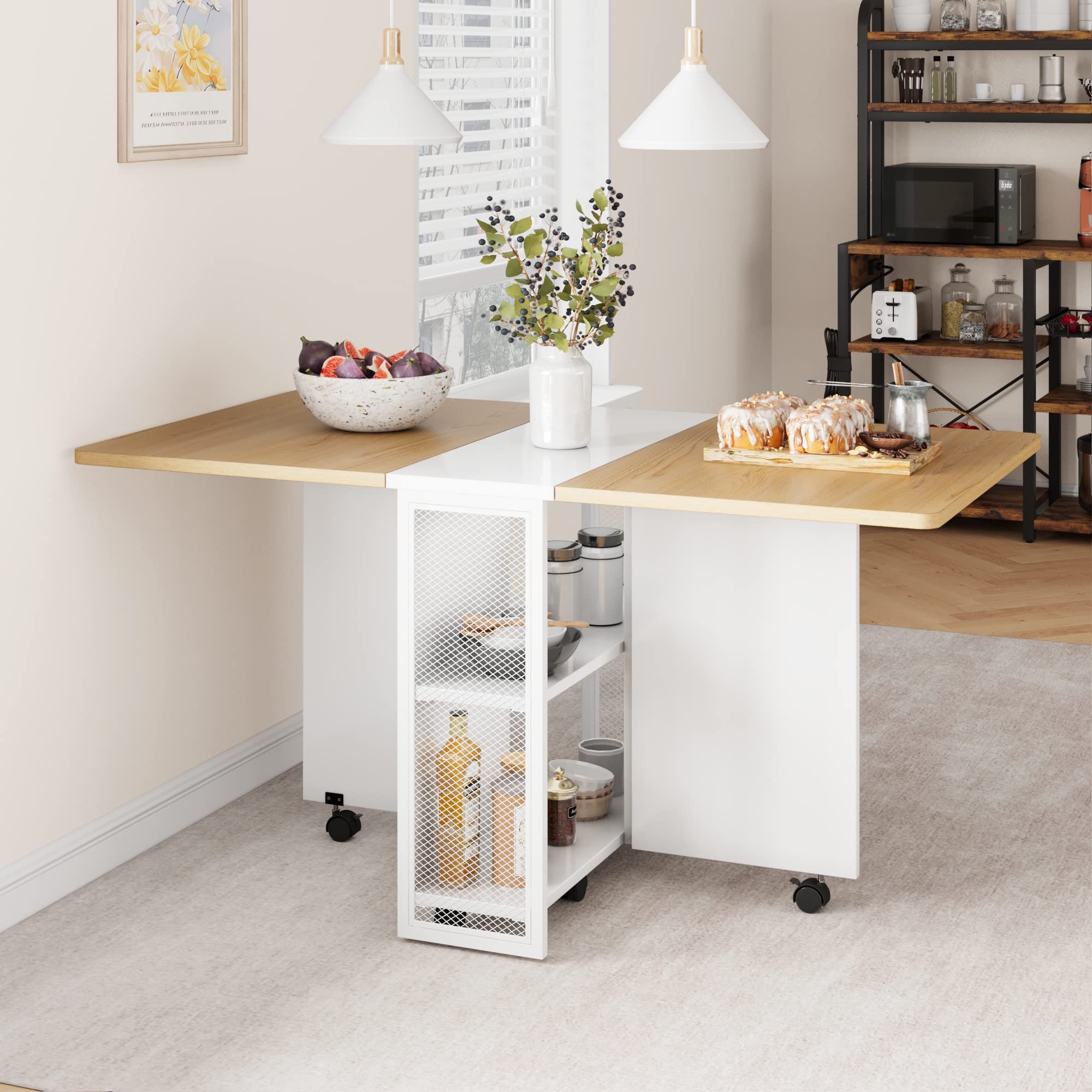 Space Saving Folding Dining Table with 2 Tier Storage-Extendable Drop Leaf Farmhouse Wood Kitchen Dining Room Tables Set for 4, Collapsible Expandable Rectangle Dinner Kitchen Office Furniture