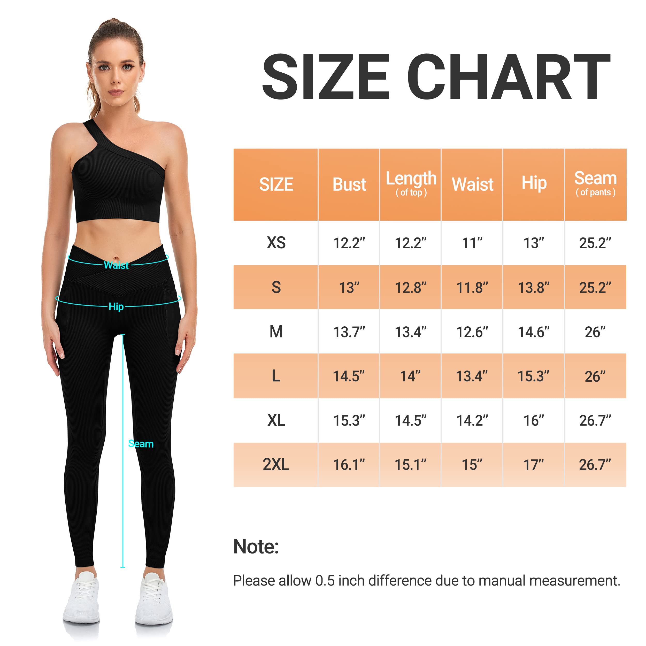 Women's Yoga Workout 2 Piece Seamless Sets with Ribbed Design, High Neck or One Shoulder Strap Top