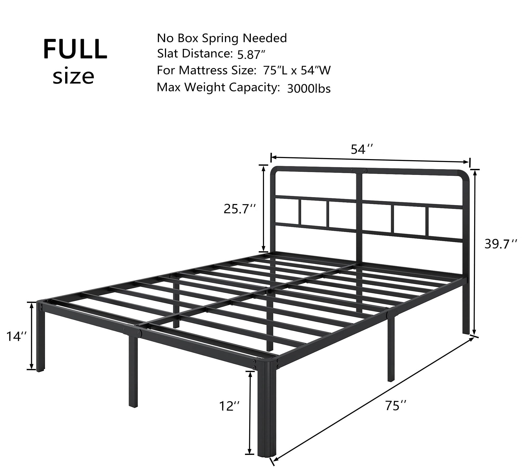 Riwanca 14 Inch Full Size Bed Frame with Headboard, No Box Spring Needed, Heavy Duty Black Metal Platform Mattress Foundation with Rounded Corners, Non-Slip Noise Free, Under Bed Storage Space