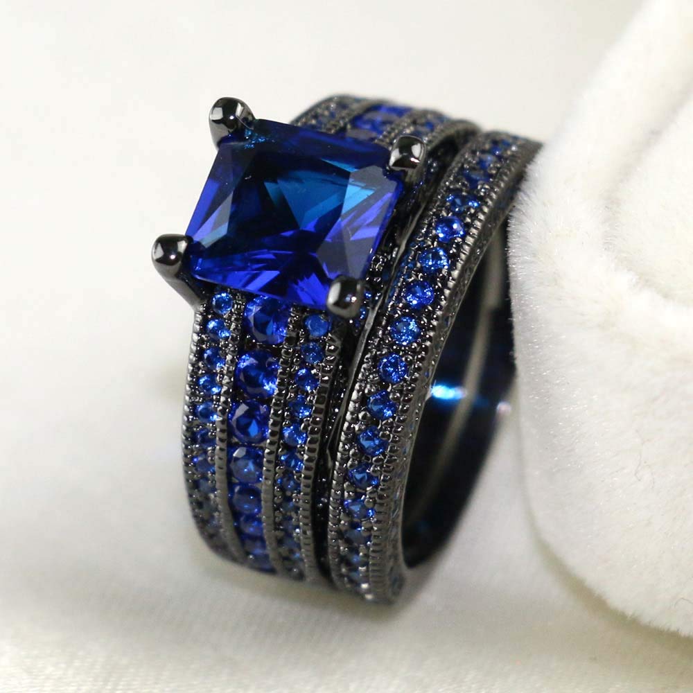 Ringcrown Couple Rings Black Gold Filled Princess Cut Blue Cz Womens Wedding Ring Sets Man Tungsten Wedding Band(Please Buy Two Rings for one Pair)