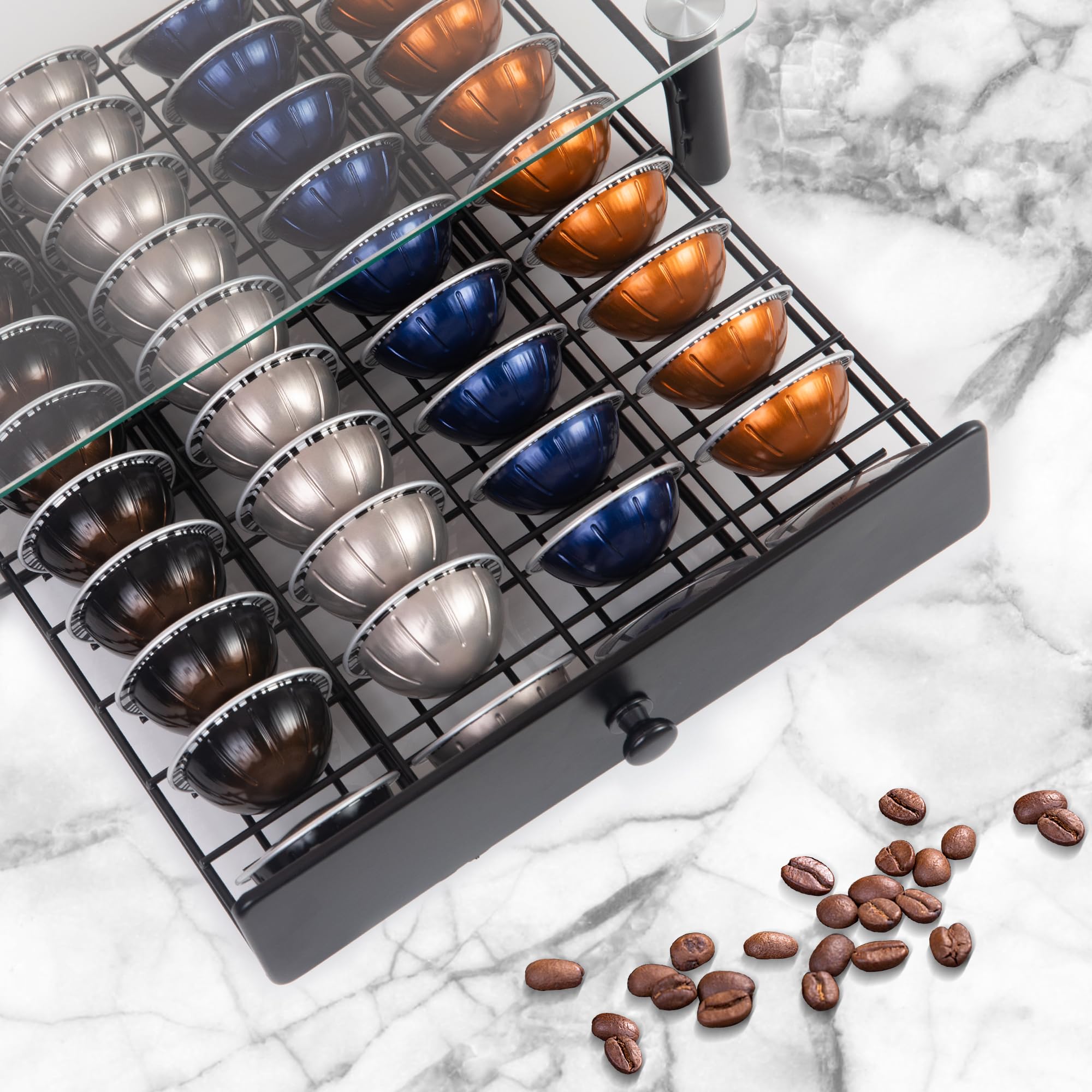 Tempered Glass Coffee Pod Drawer,Nespresso Vertuo Pod Holder Drawer for 40(1.35/2.7 floz) Vertuoline Pod, Nespresso Capsule Organizer Compatible with Vertuo Next Vertuo Plus,14.76"D x 12.99"W x 3.5"H