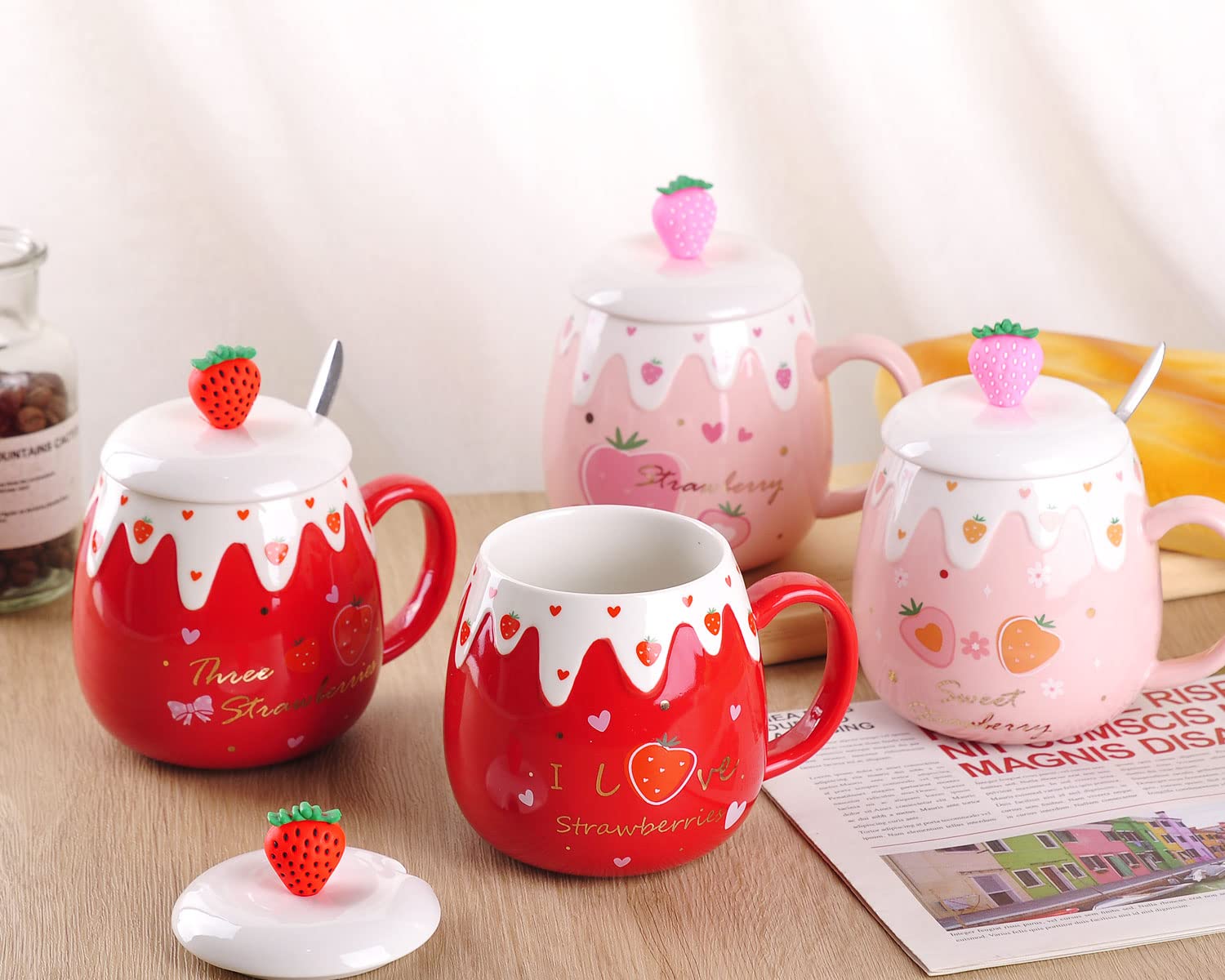 WHJY Pink Female Coffee Cup Mug, Strawberry Korean Lovely Student Ceramic Breakfast Cup with Lid and Spoon – 450ml/15oz, Pink D
