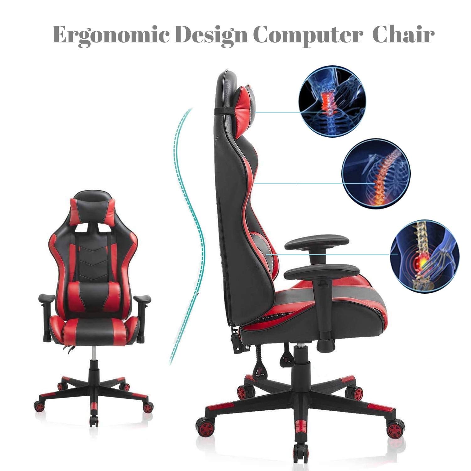 Video Game Chair, Ergonomic Computer Gaming Chair Big and Tall PC Racing Office Chair PU Leather Executive Task Chair Swivel Desk Chair with Adjustable Armrests Headrest and Lumbar Support (Red)