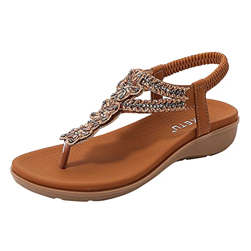 Women’s Retro Studded Wedge Sandals, Spring Summer Solid Color Elastic Band Non-Slip Flip Flops (Brown, 7.5)
