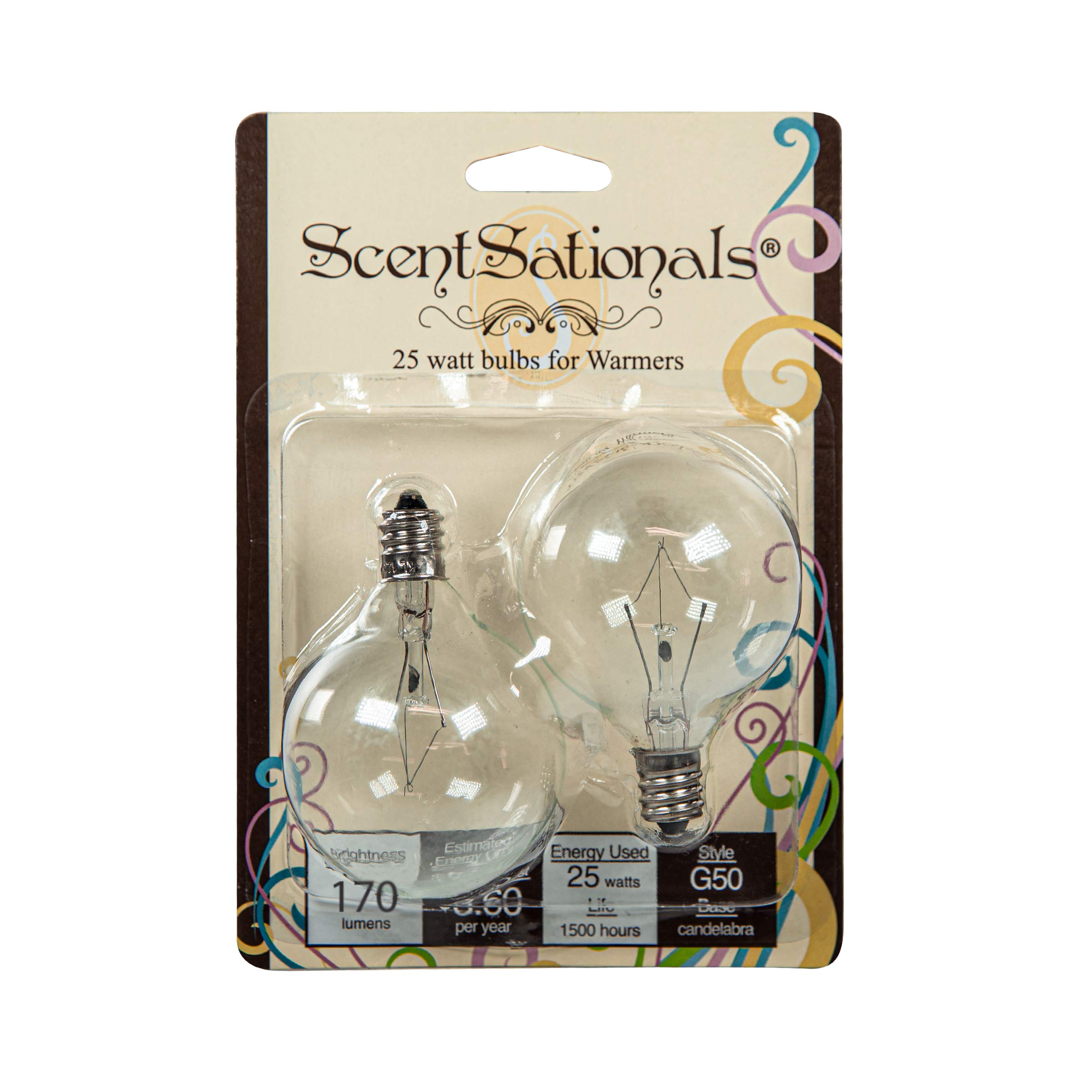 ScentSationals 25 Watt Wax Warmer Light Bulb - 25 Watt Light Bulbs for Wax Warmers, Wax Warmer Light Bulb Replacement - Style G50 Bulbs for Full Size Wax Warmers - Pack of 2 Wax Warmer Bulbs, Clear