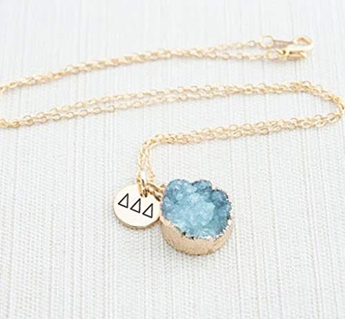 Sorority Shop DDD Necklace - Delta Delta Delta Light Blue Druzy Gemstone Necklace With Engraved Pendant β 14K Gold Dipped Jewelry with Light Blue Gemstone β Sorority Gift, Charm Paraphernalia