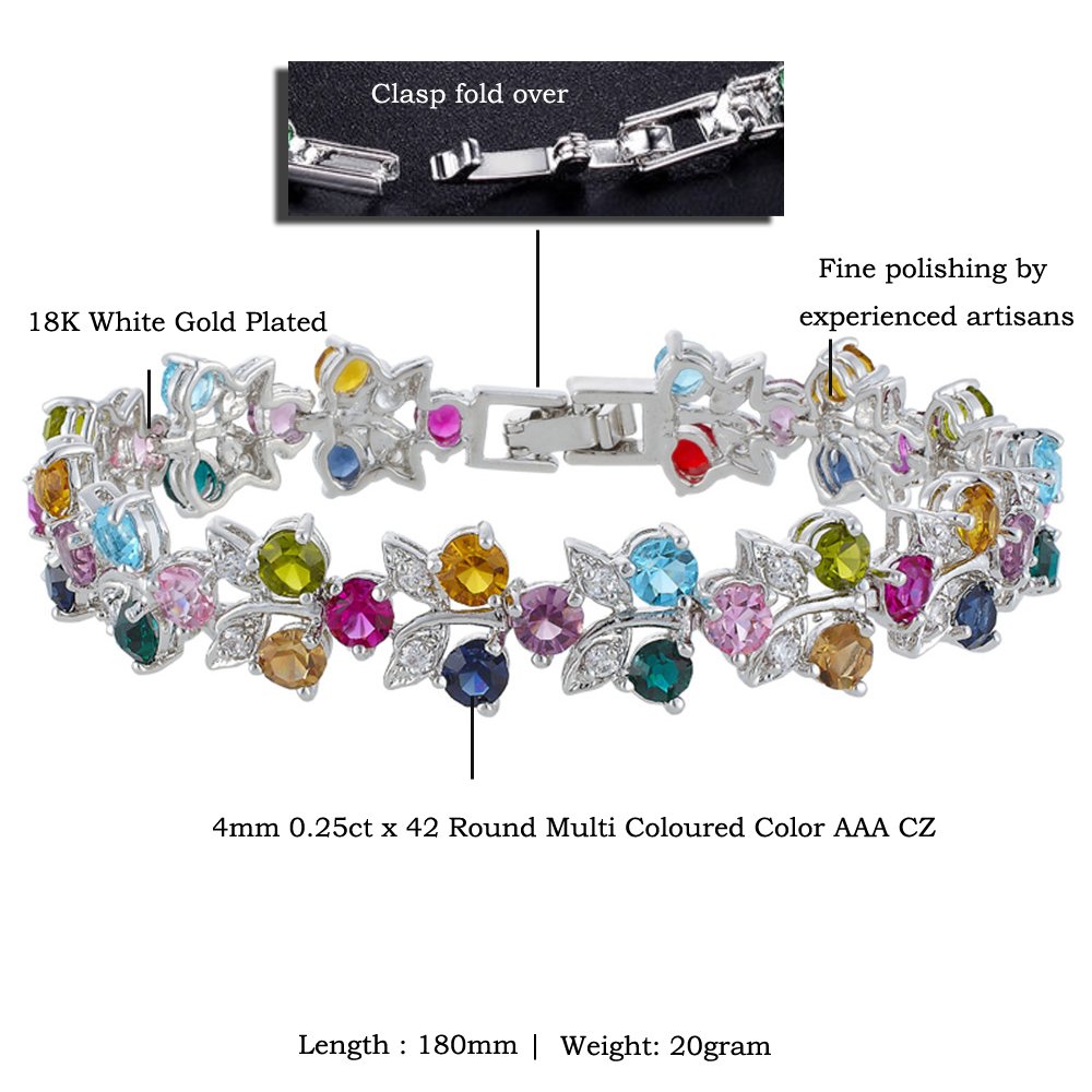 RIZILIA Tennis Bracelet & Round Cut CZ [Multi-color Cubic Zirconia] in White Gold Plated, 7"