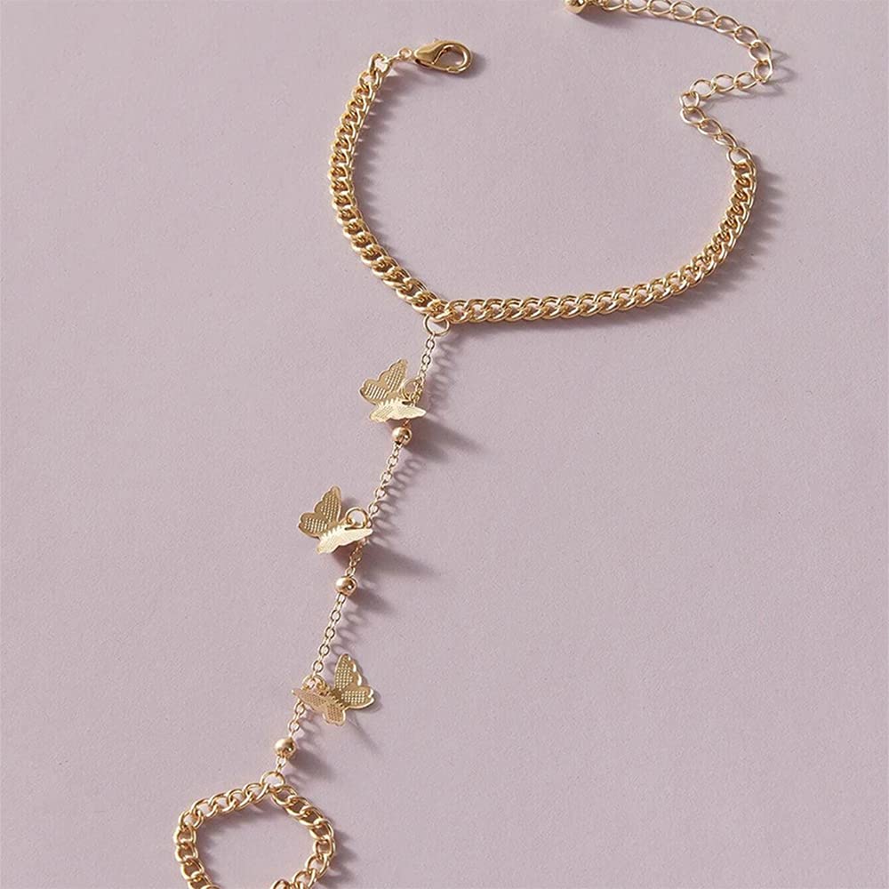 YERTTER Dainty Finger Ring Link with Butterfly Bracelet Bangle Simple Trendy Retro Style Butterfly Pendant Chain Link Bracelet Prom Birthday Party (Gold)