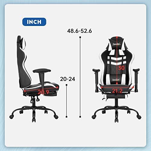 PC Gaming Chair Ergonomic Office Chair Racing Computer Chair with Lumbar Support Headrest 2D Armrest Footrest Task Rolling Swivel Ergonomic E-Sports Adjustable Desk Chair for Men Gamer(White)