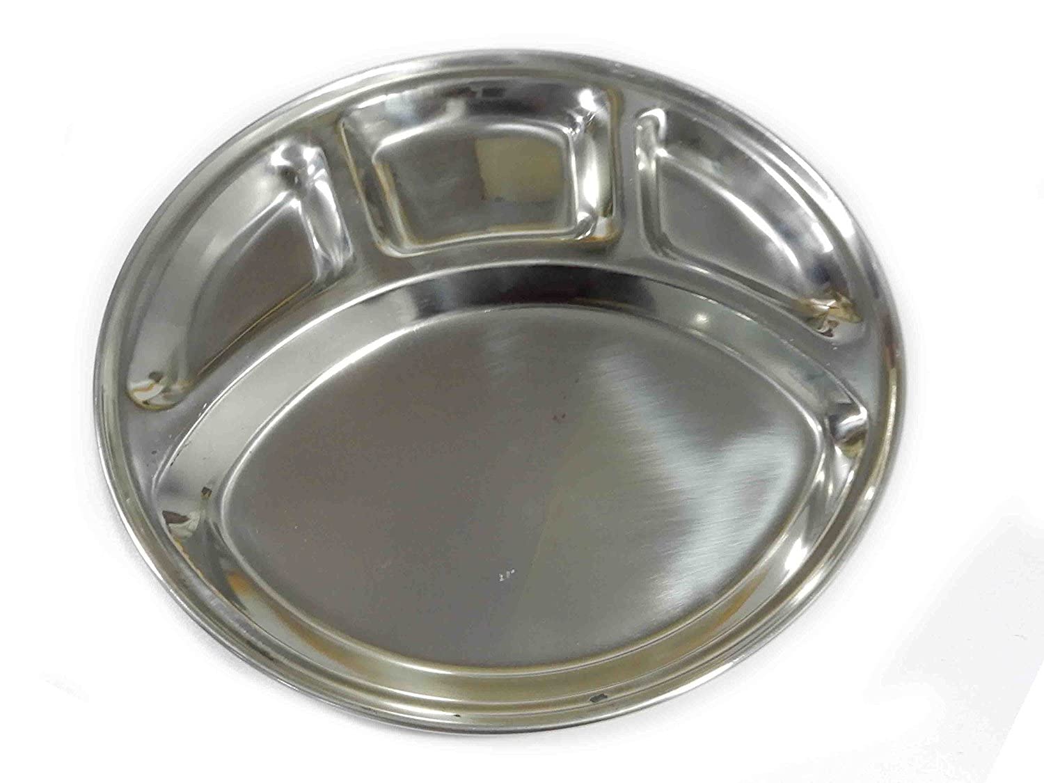 WhopperIndia Stainless Steel Round Dining Plate 4 Compartment Thali, stainless steel compartment plates , ss mess tray , Plates for Dinner Fruitss, Kitchen Dining Table Plate 4 Pcs 11.5 Inch