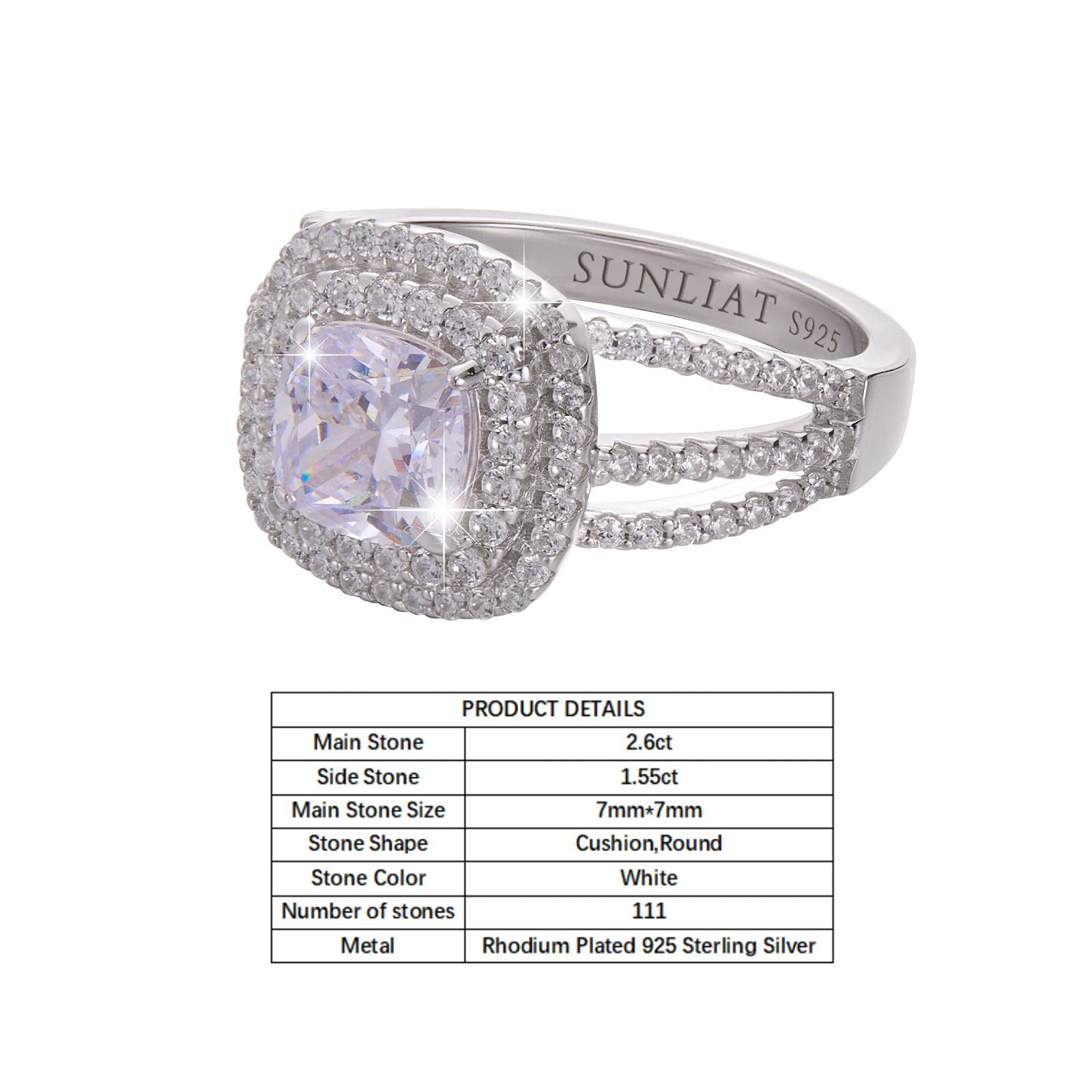SUNLIAT Engagement Ring for Women, 925 Sterling Silver Cushion Cut Cubic Zirconia Halo Wedding Promise Ring for Her Simulated Diamond Anniversary Ring