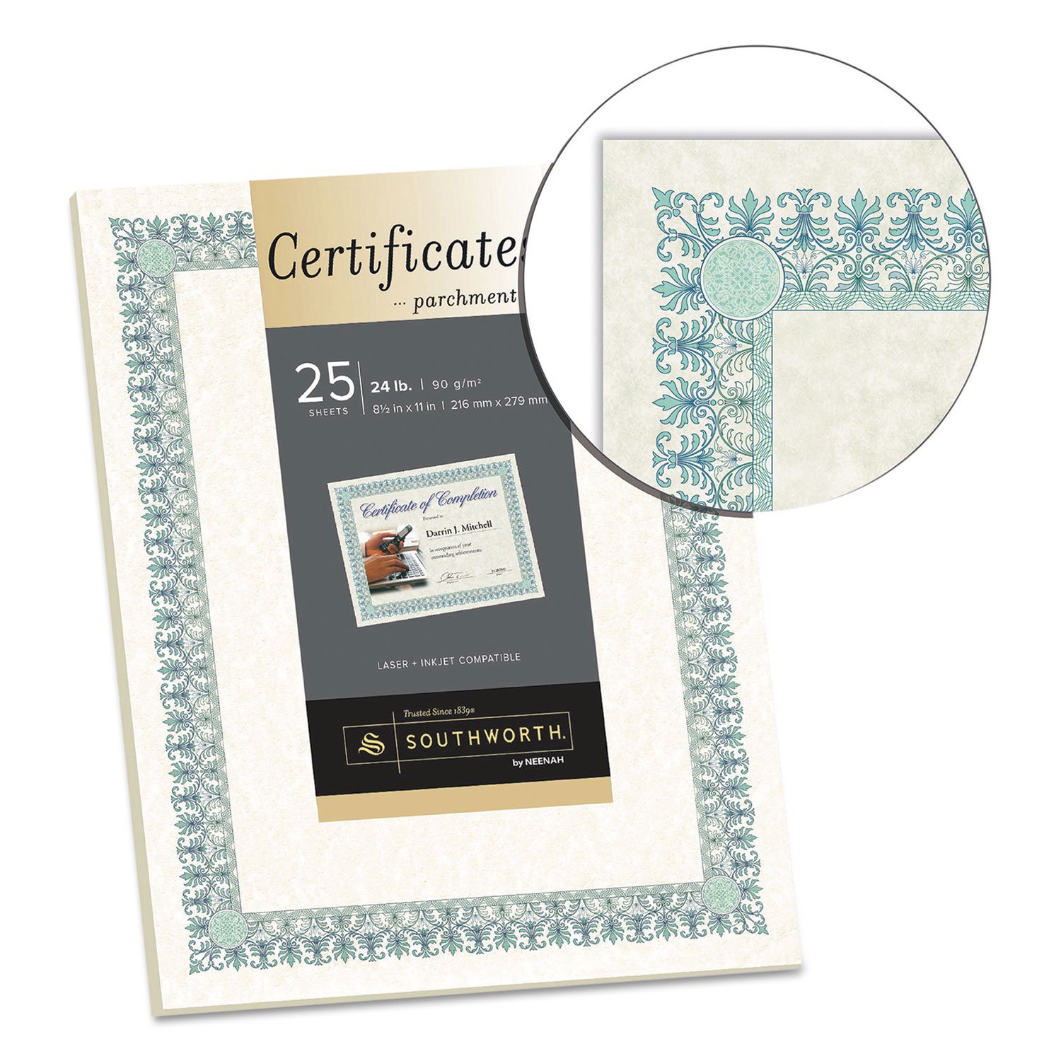 Southworth CT3R Parchment Certificates Ivory w/Green & Blue Border 24 lbs. 8-1/2 x 11 25/PK
